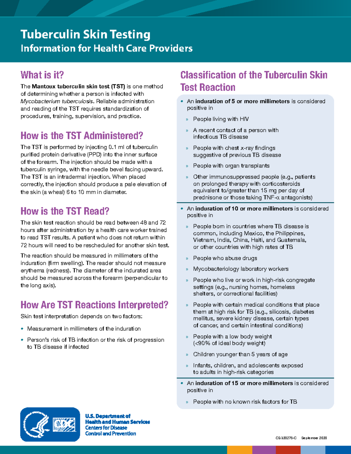 Tuberculin Skin Test For Healthcare Providers - CS 320275-C September ...