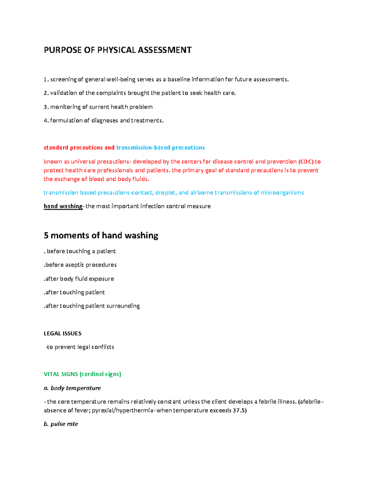 Health Assessment Lecture Notes on Physical Assessment - PURPOSE OF ...