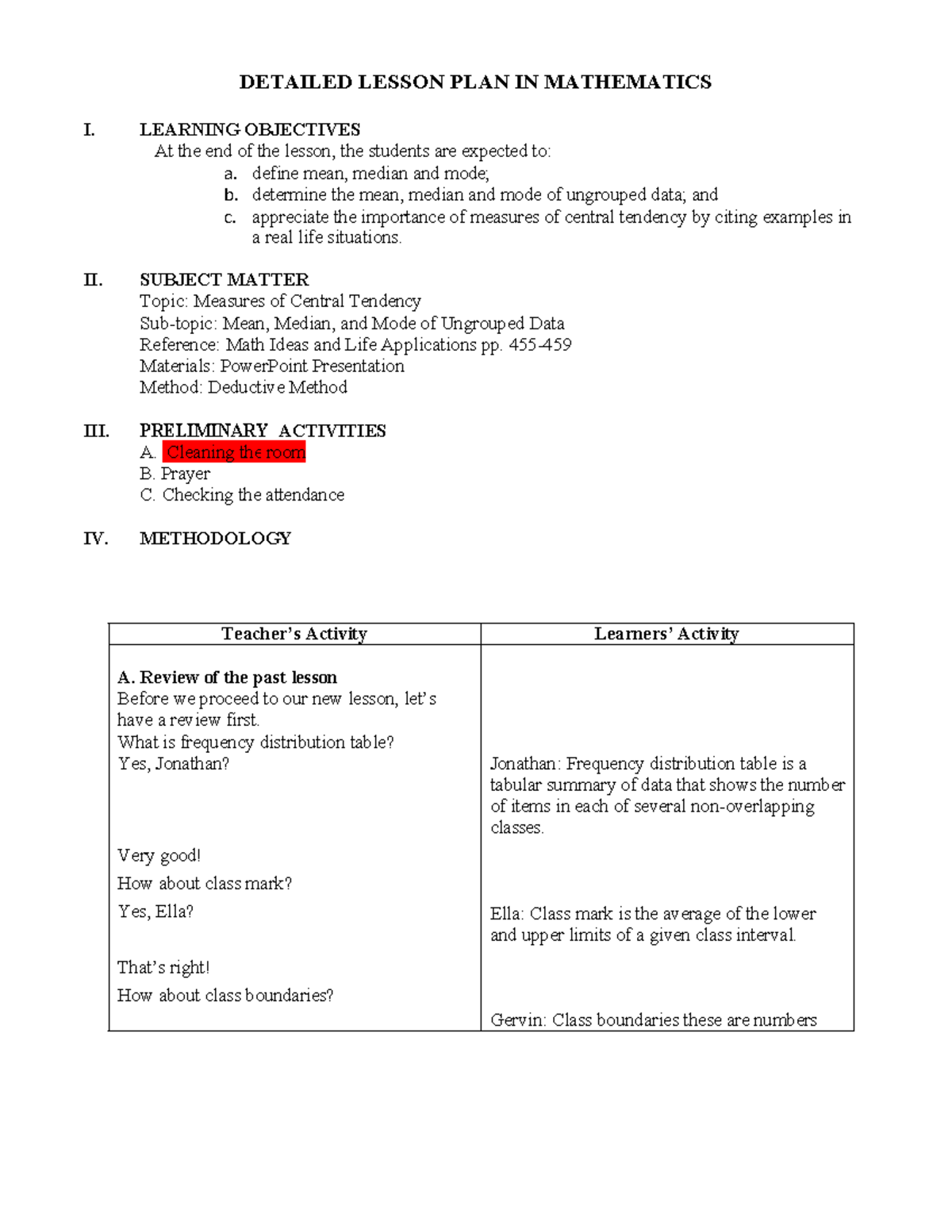 Measures of Central Tendency LESSON PLAN - DETAILED LESSON PLAN IN ...