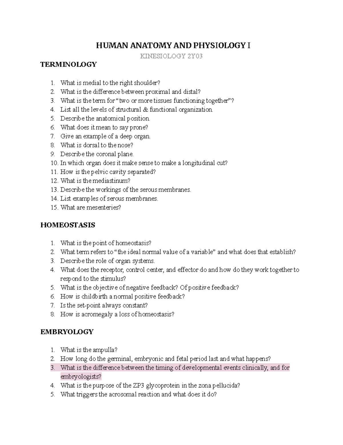 Study Questions - HUMAN ANATOMY AND PHYSIOLOGY I KINESIOLOGY 2Y ...