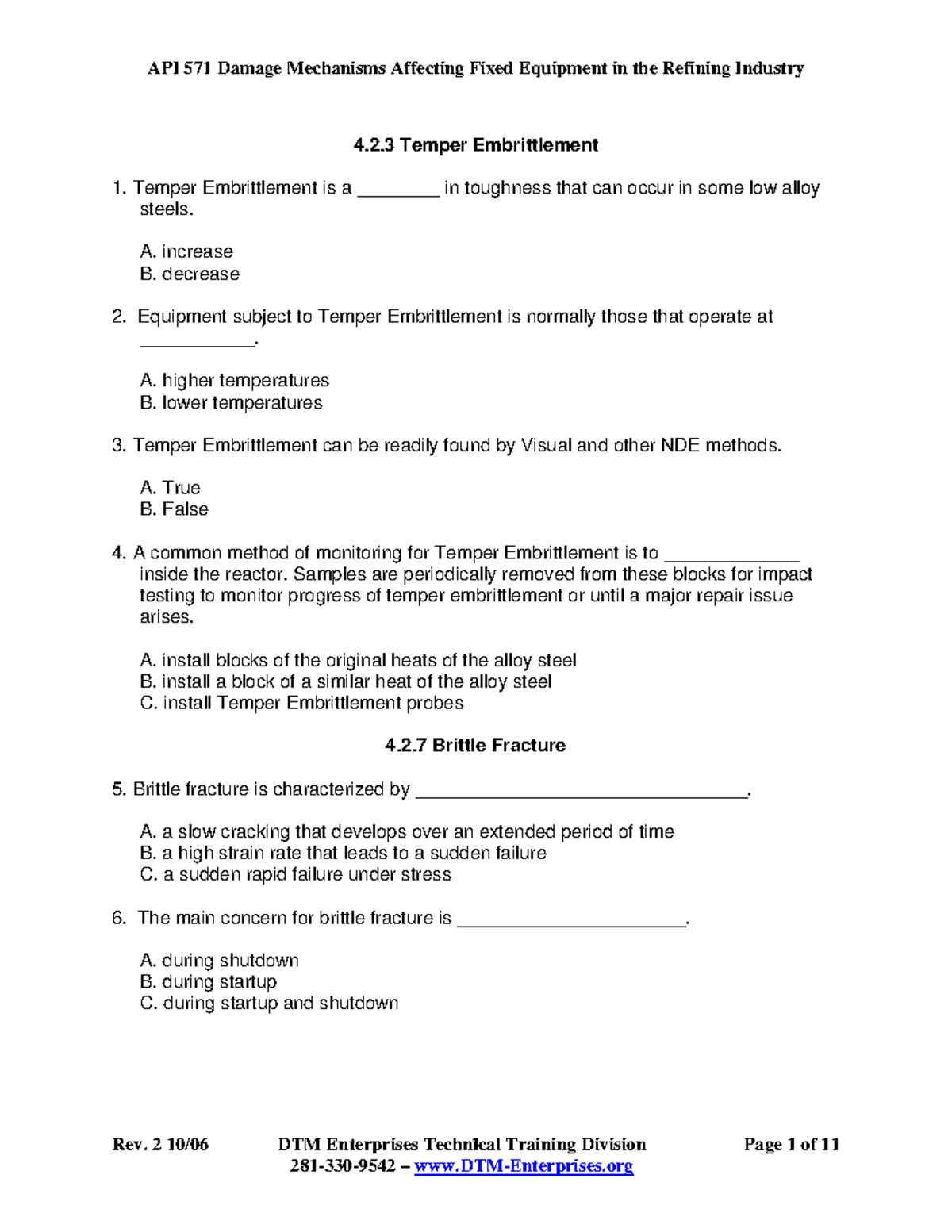 571 Exercises, Rev2 - Lecture notes 1 - API 571 Damage Mechanisms ...