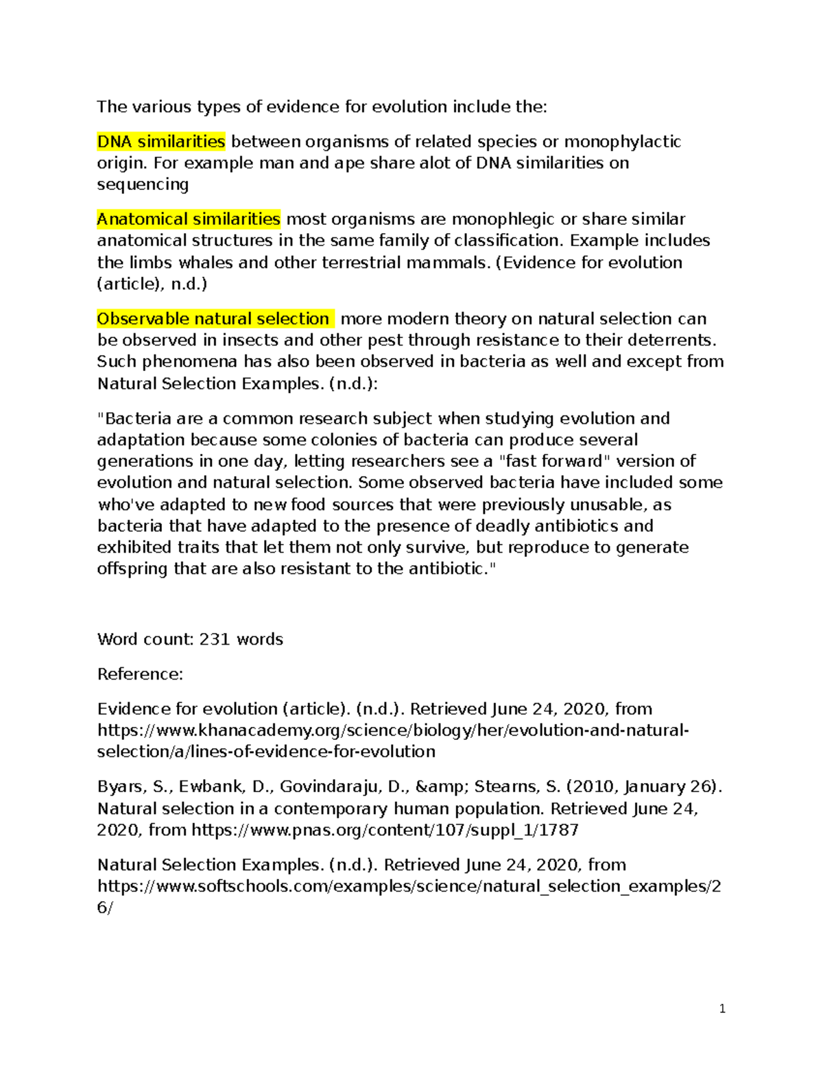 Biology written assignment for unit 1 - The various types of evidence ...