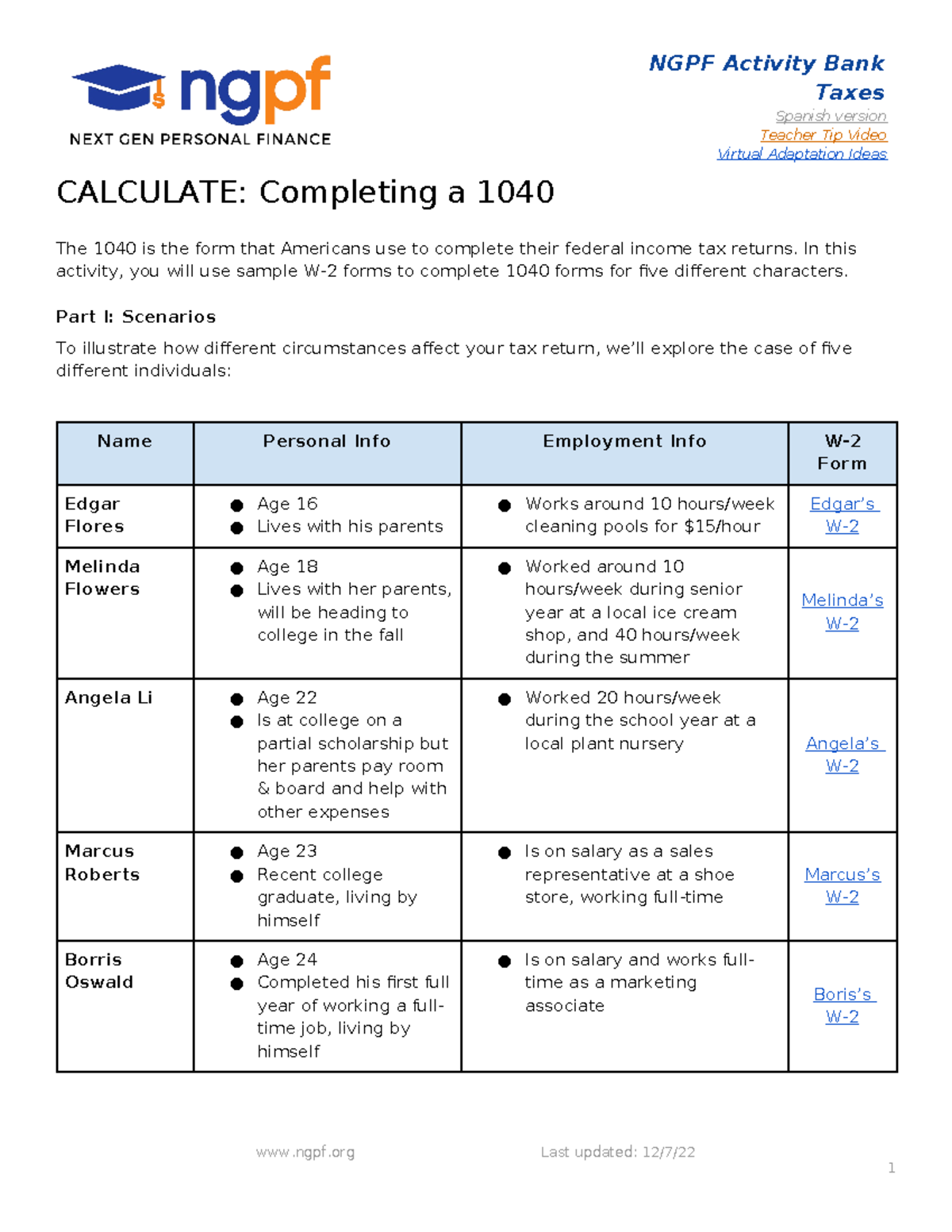 Calculate Completing a 1040 - NGPF Activity Bank Taxes Spanish version ...