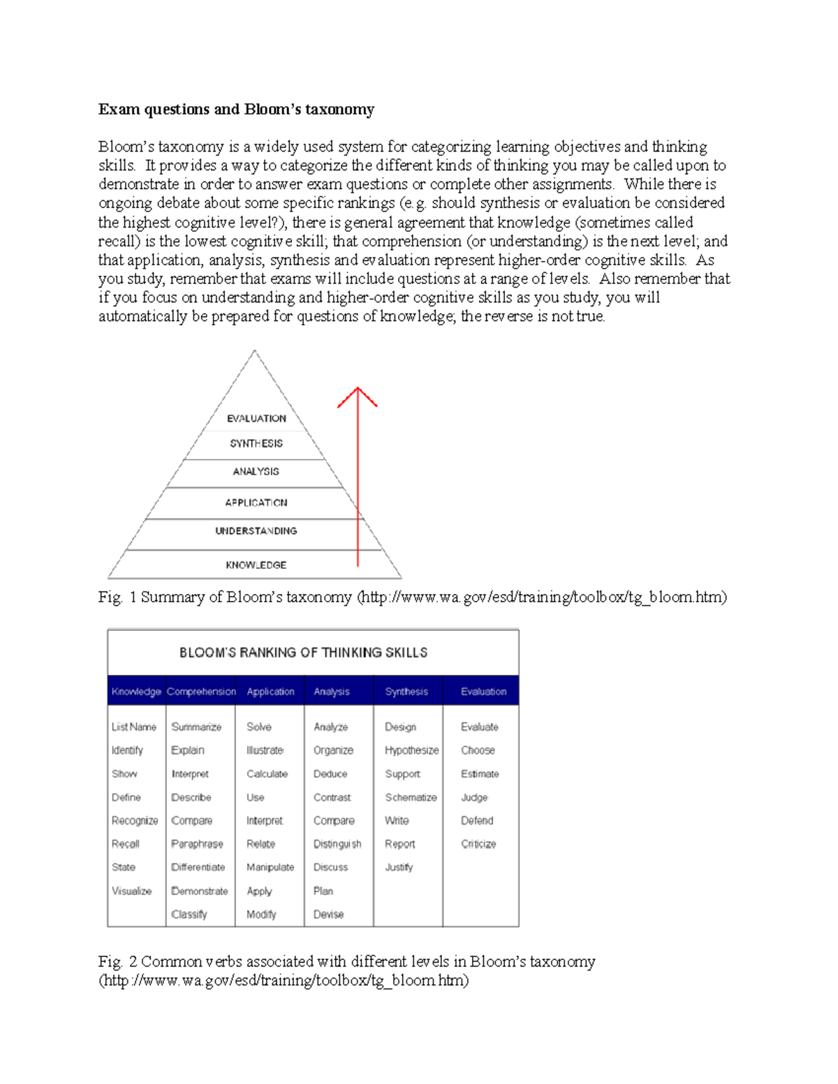 Blooms Tax Exam Questions - Exam questions and Bloom’s taxonomy Bloom’s ...