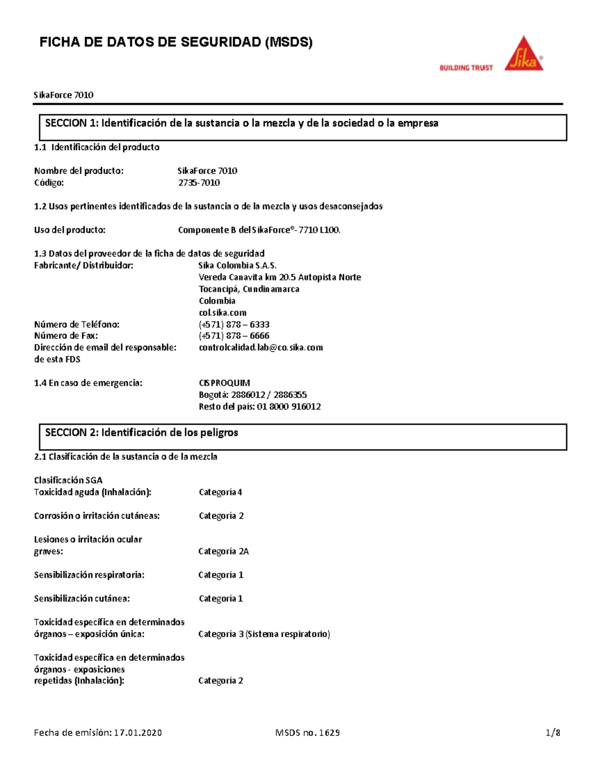 Sika Force®-7010 - todo bien - FICHA DE DATOS DE SEGURIDAD (MSDS ...