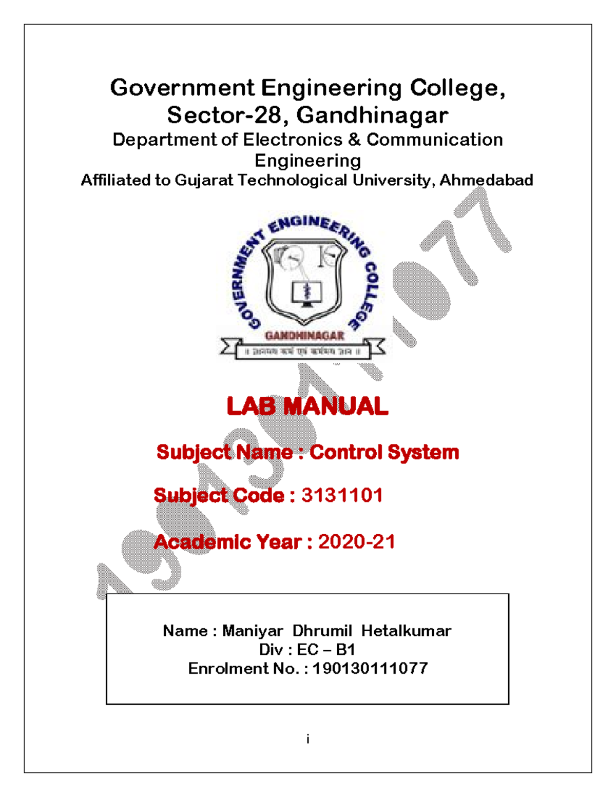 190130111077 B1 CS LAB Manual - i Government Engineering College ...