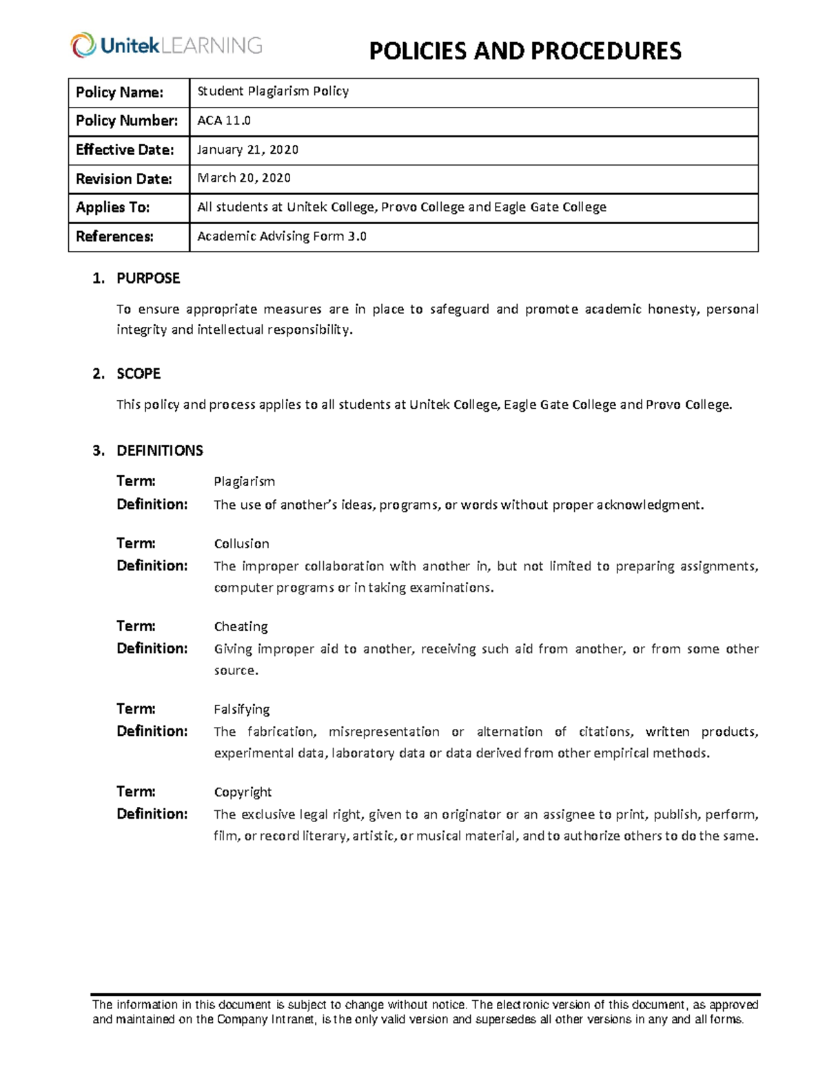 ACA 11.0 - Student Plagiarism Policy - The information in this document ...