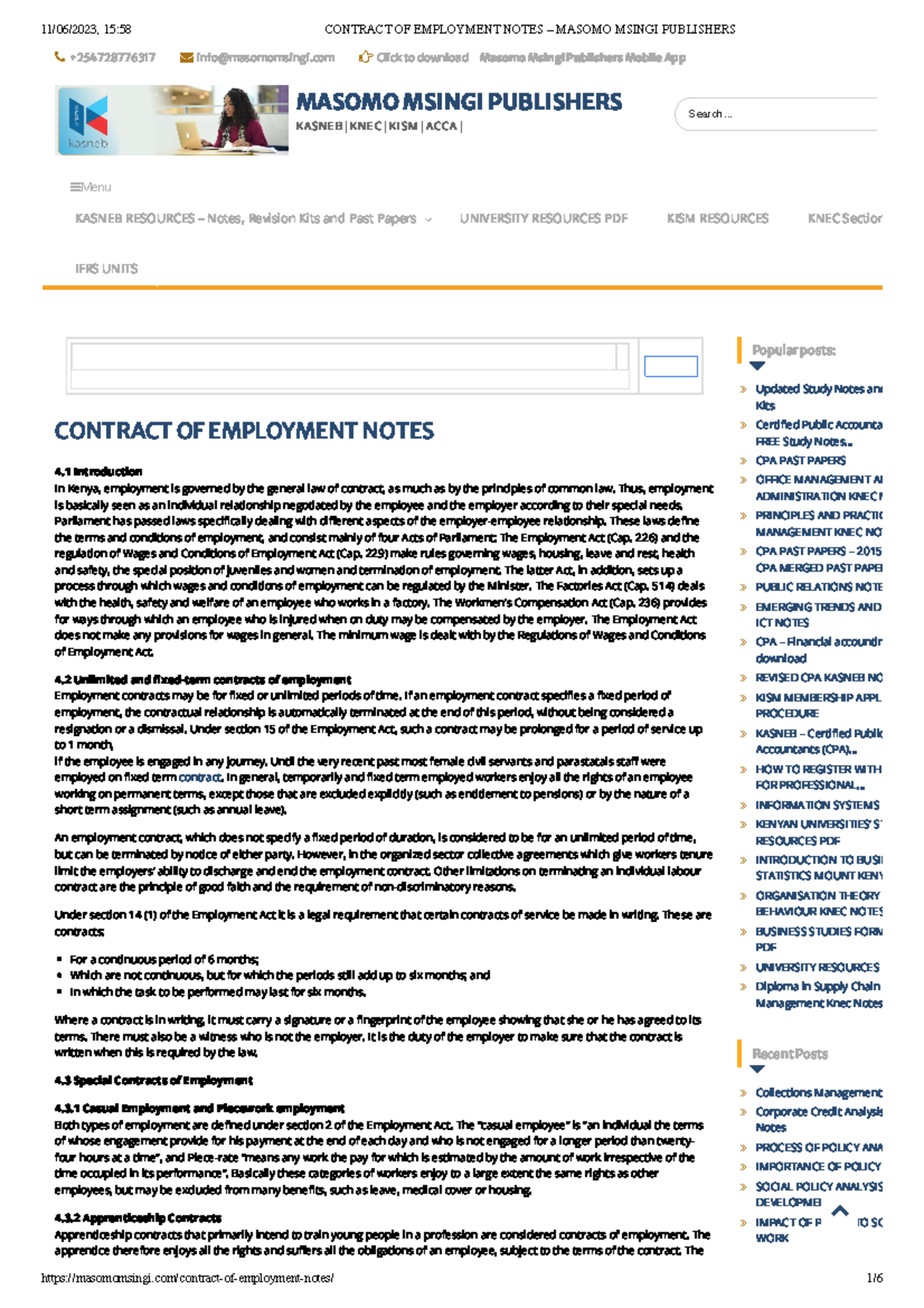 Contract OF Employment Notes – Masomo Msingi Publishers - +254728776317 ...