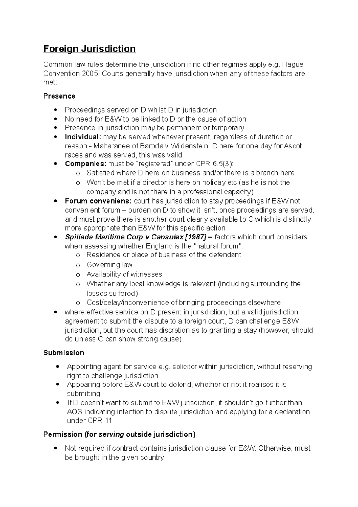 Civ Lit Foreign Jurisdiction - Foreign Jurisdiction Common law rules ...
