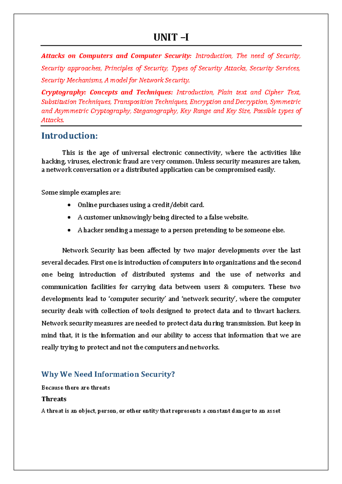 CNS UNIT 1 & 2 - UNIT – I Attacks on Computers and Computer Security: Introduction, The need of ...