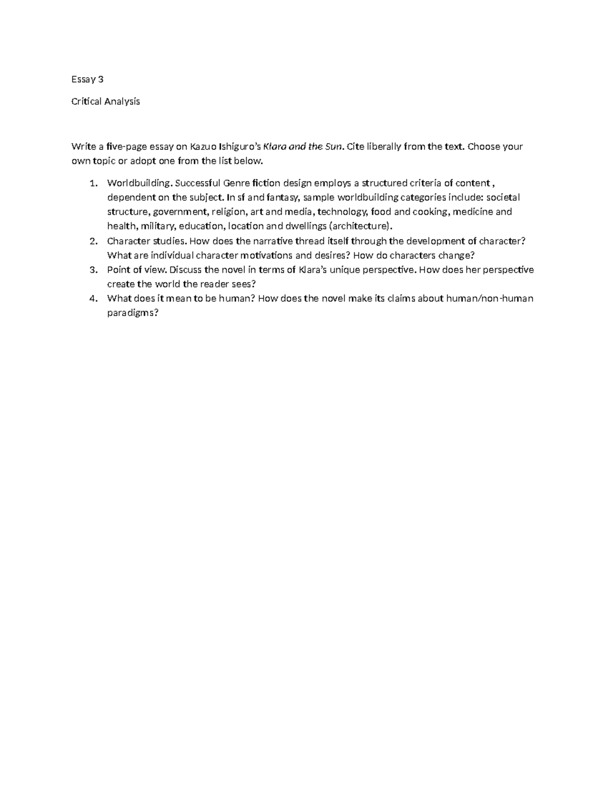 Essay 3 Klara and the Sun - Essay 3 Critical Analysis Write a five-page ...