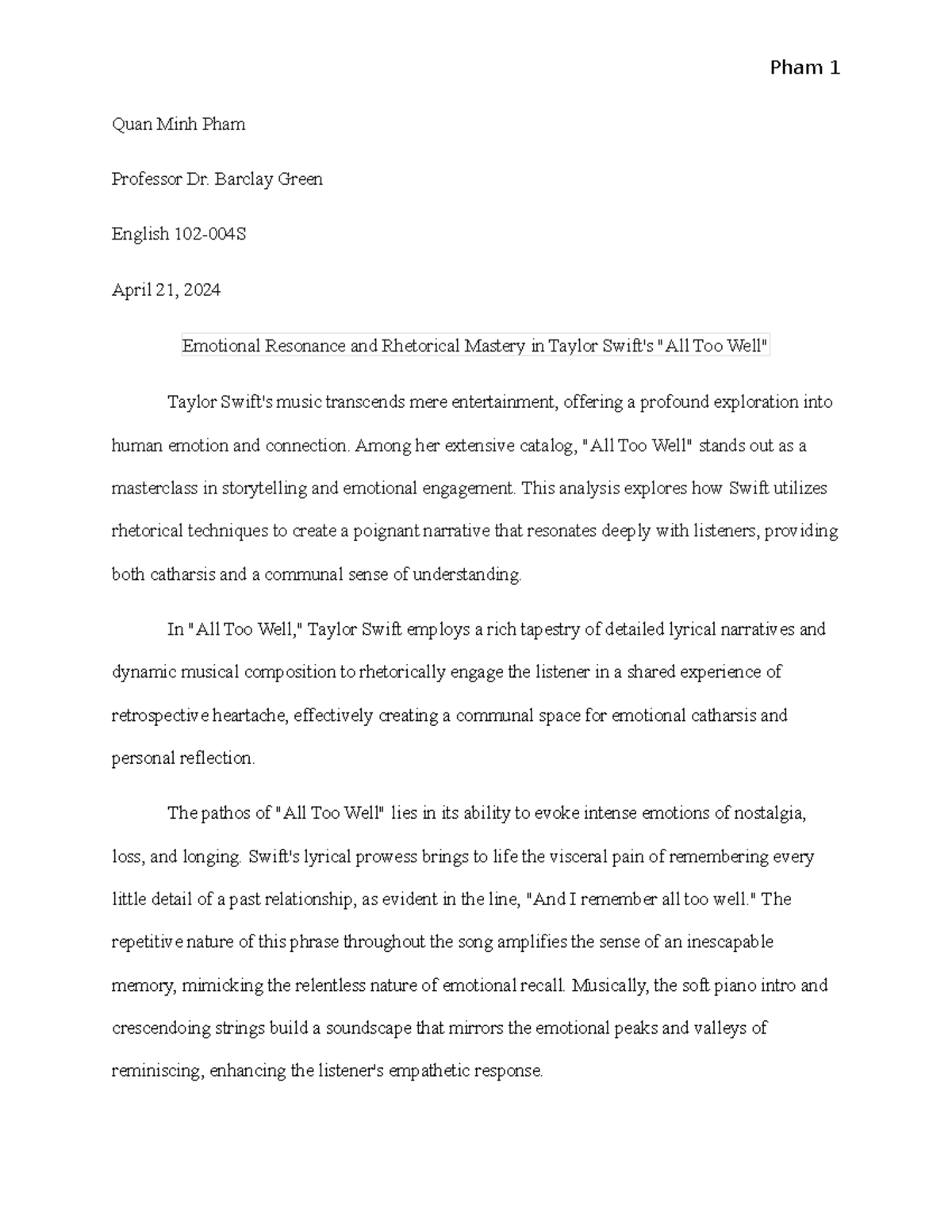 Rough draft-1 - dscsd - Pham 1 Quan Minh Pham Professor Dr. Barclay ...