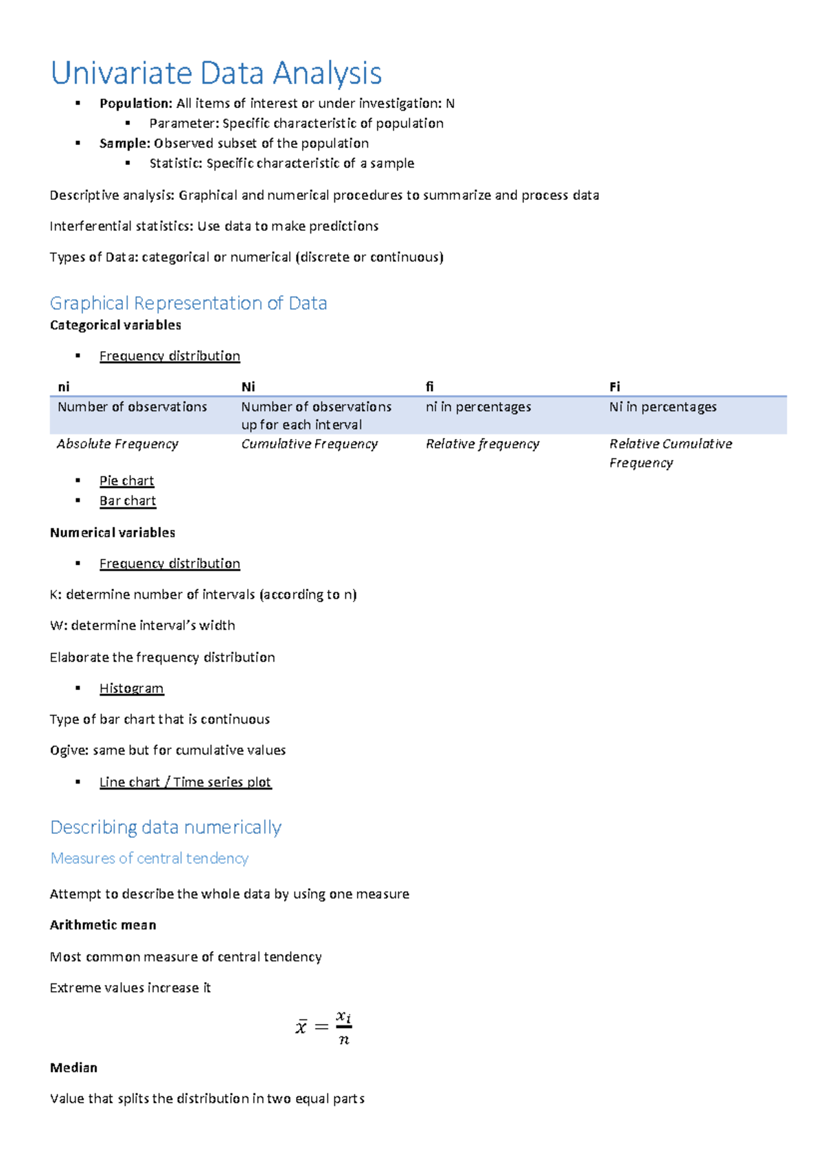Unit 1 - Univariate Data Analysis Population: All items of interest or ...