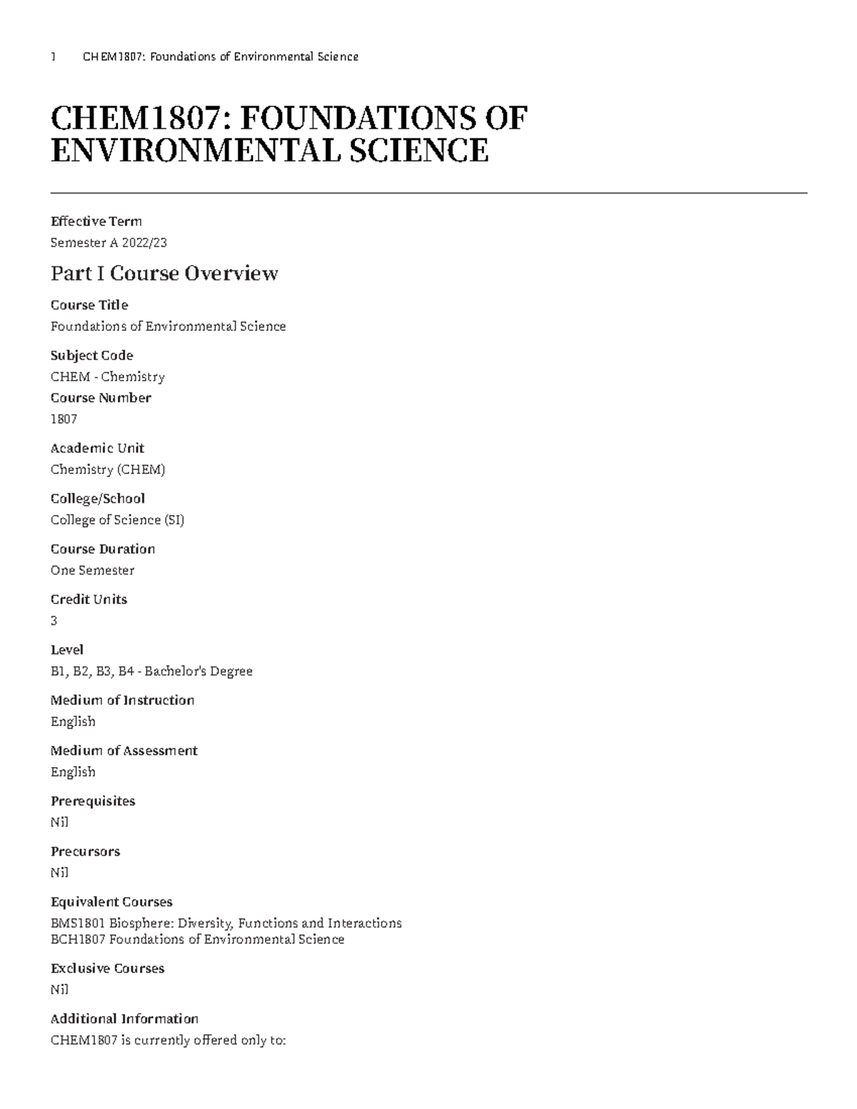 CHEM1807 - Introduction - CHEM1807: FOUNDATIONS OF ENVIRONMENTAL ...