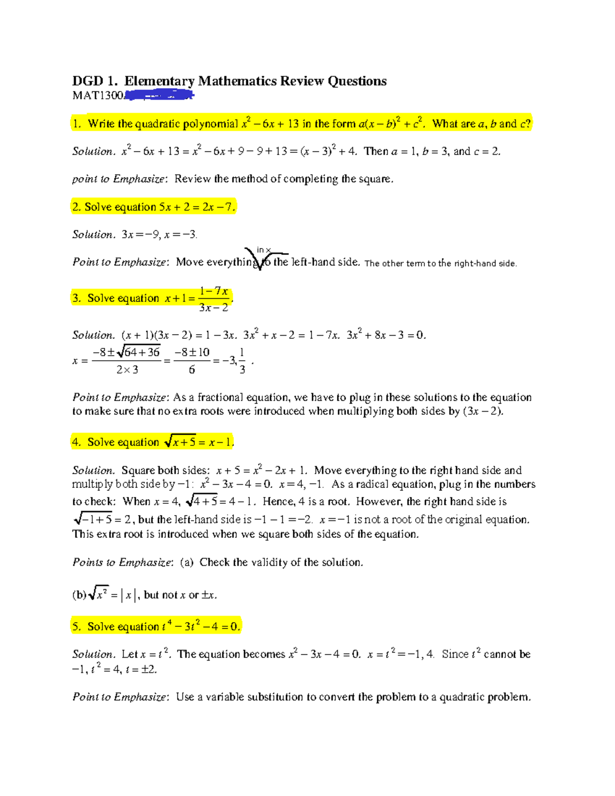 1300DGD01+notes - dgd - DGD 1. Elementary Mathematics Review Questions ...