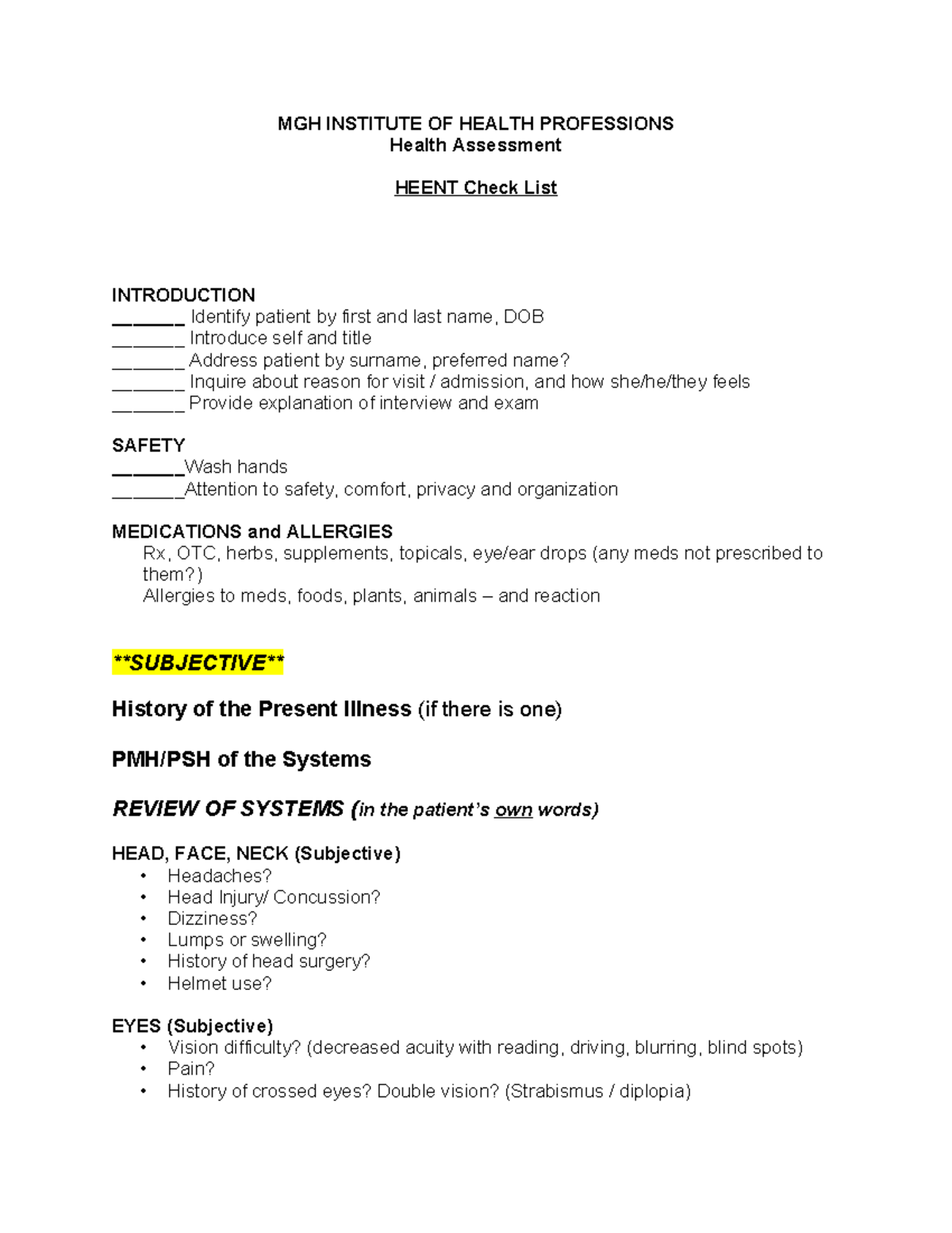 Heent Checklist 820221 - MGH INSTITUTE OF HEALTH PROFESSIONS Health ...