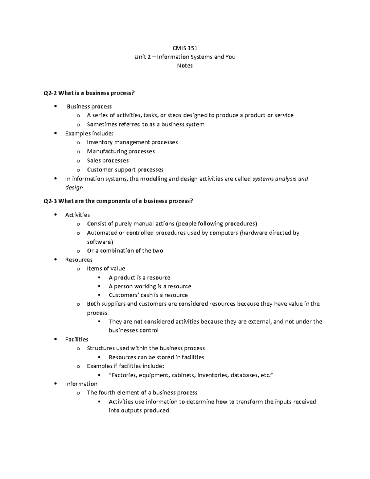 Unit 2 - Business Processes and Decision Making- Notes - CMIS 351 Unit ...
