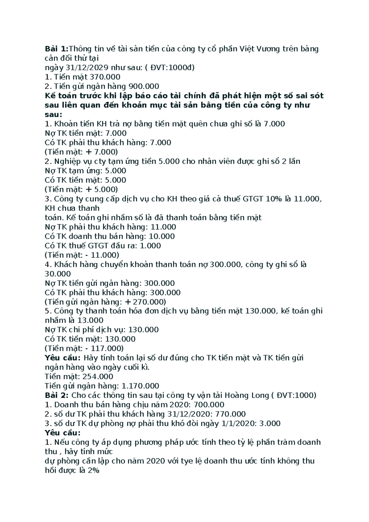 NLKT C5 - Bài tập - Bài 1:Thông tin về tài sản tiền của công ty cổ phần Việt Vương trên bảng cân ...