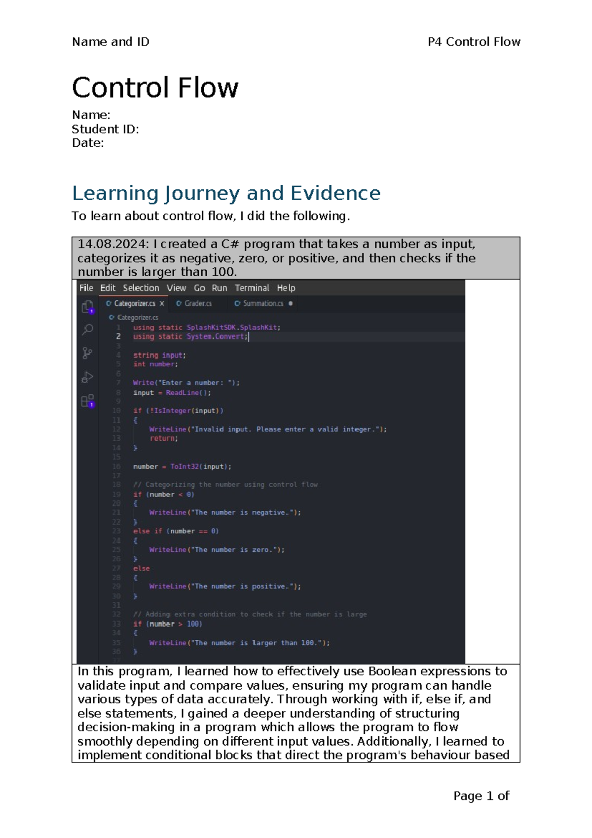 SIT102 Template P4 - For Practice - Control Flow Name: Student ID: Date ...