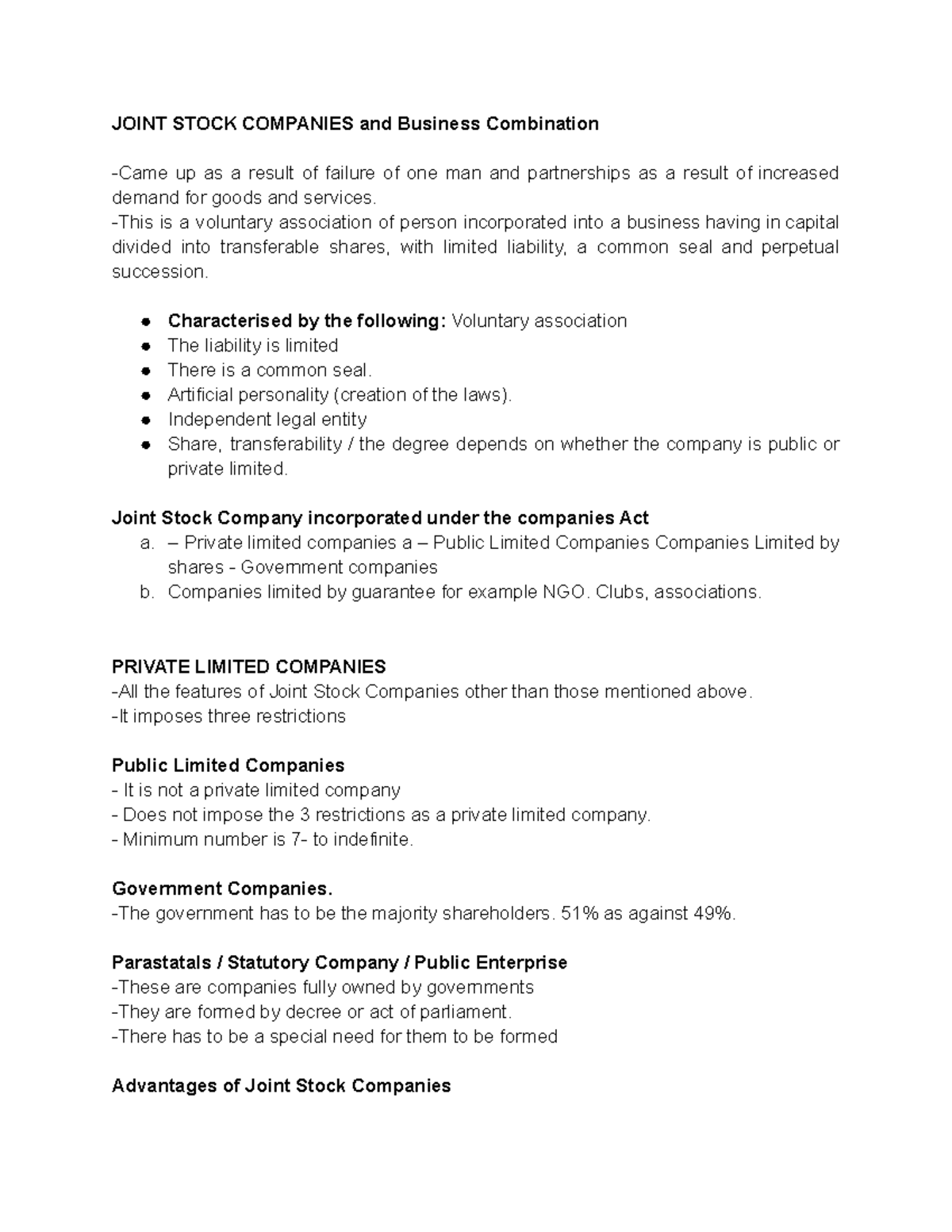 Joint Stock Companies and Business Combination notes - JOINT STOCK ...