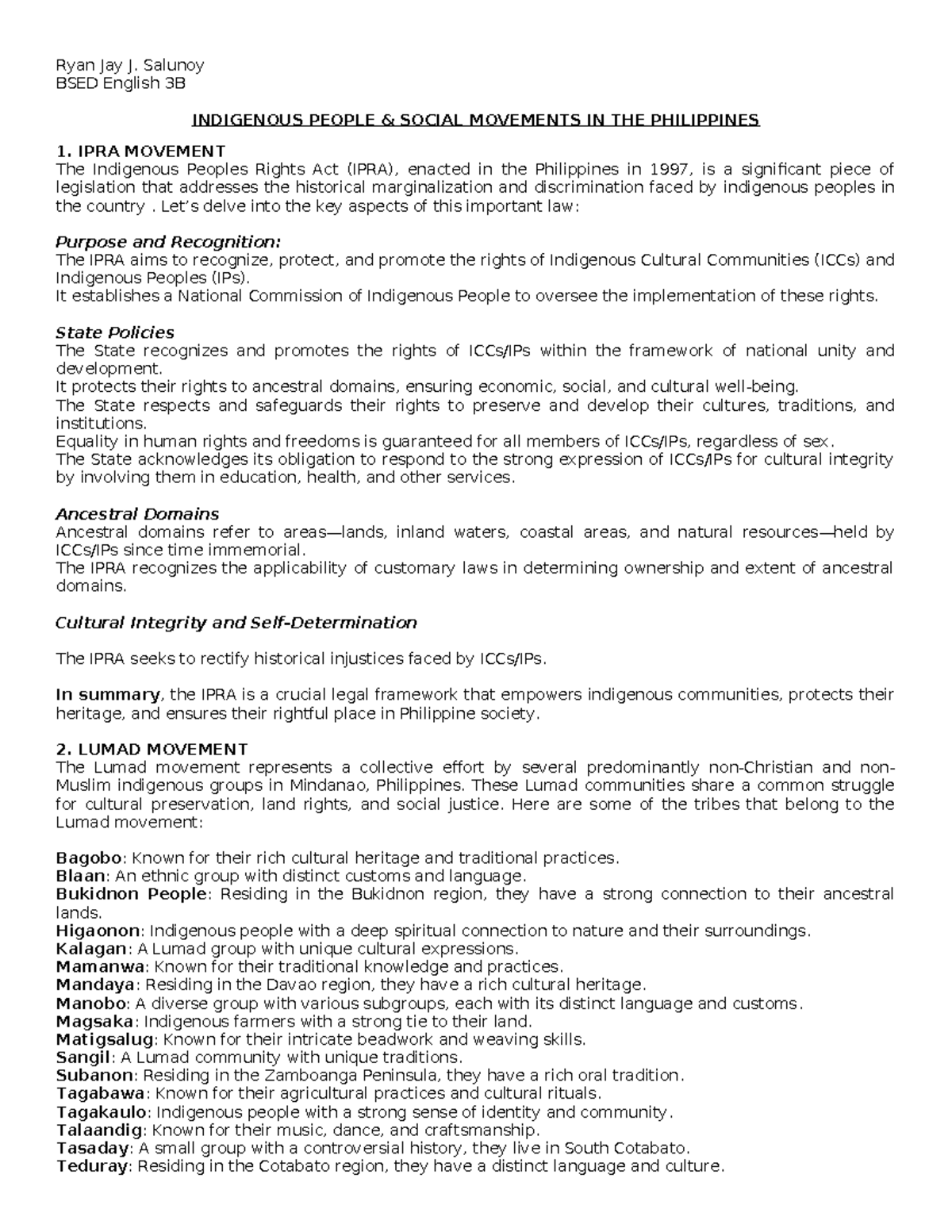 Social Movements - Ryan Jay J. Salunoy BSED English 3B INDIGENOUS ...