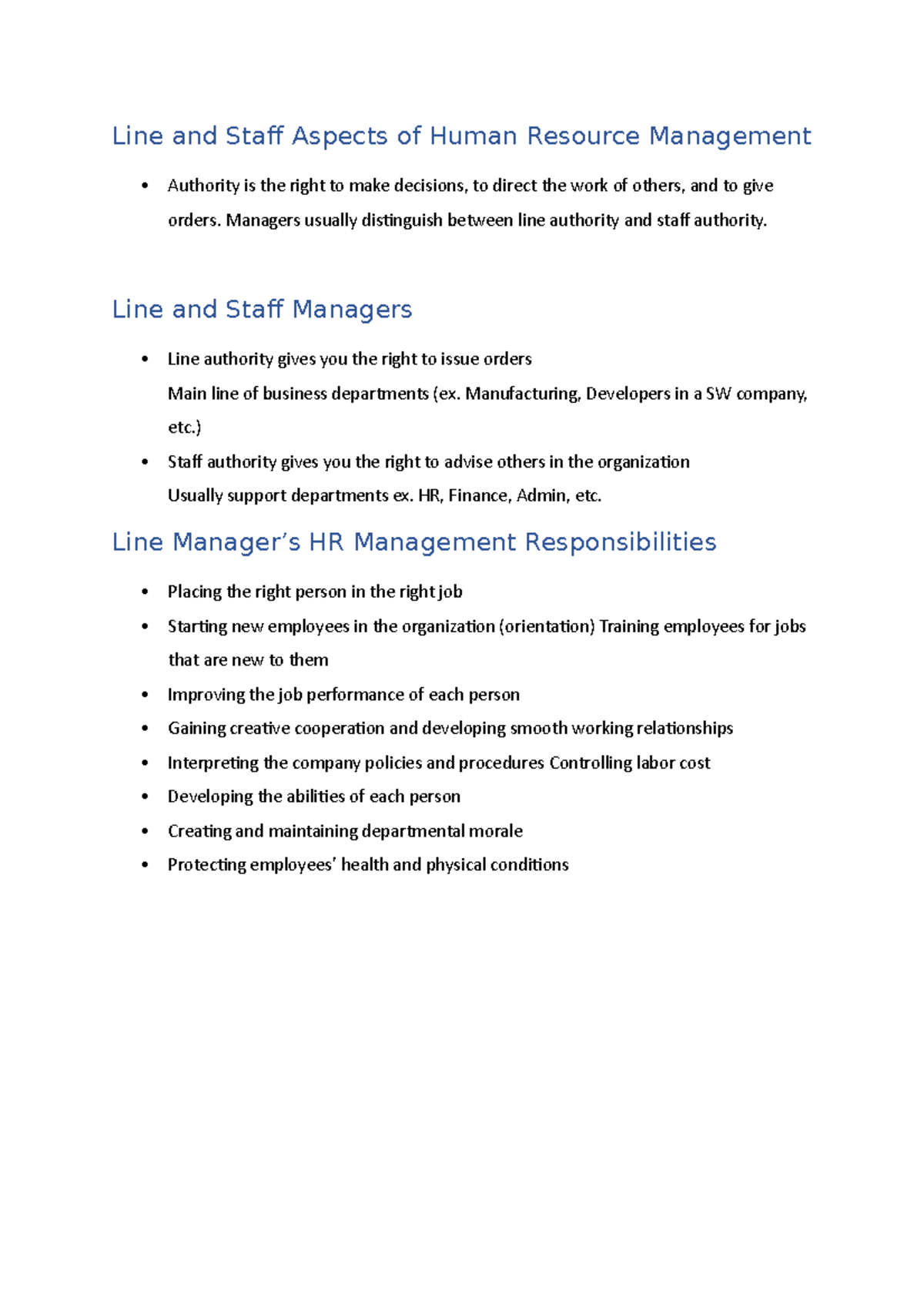Line and Staff Aspects of Human Resource Management - Managers usually ...