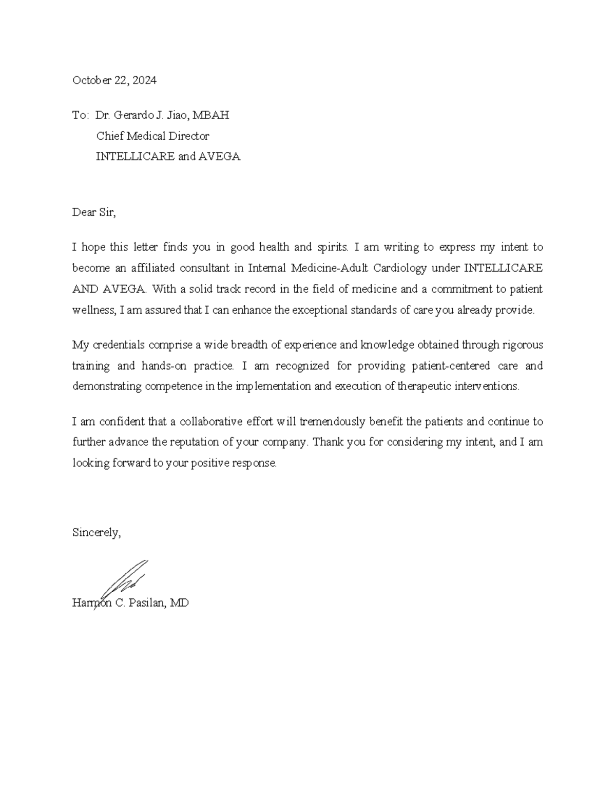 Letter of Intent Intellicare - October 22, 2024 To: Dr. Gerardo J. Jiao ...