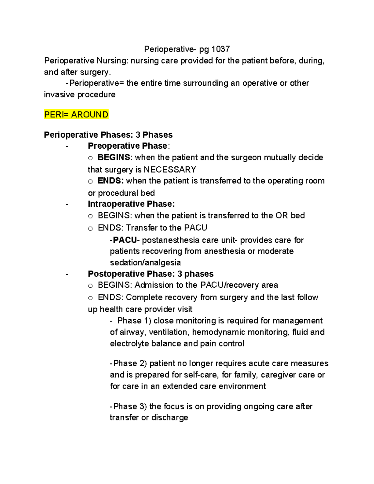 Exam 4 study guide - Notes - Perioperative- pg 1037 Perioperative ...