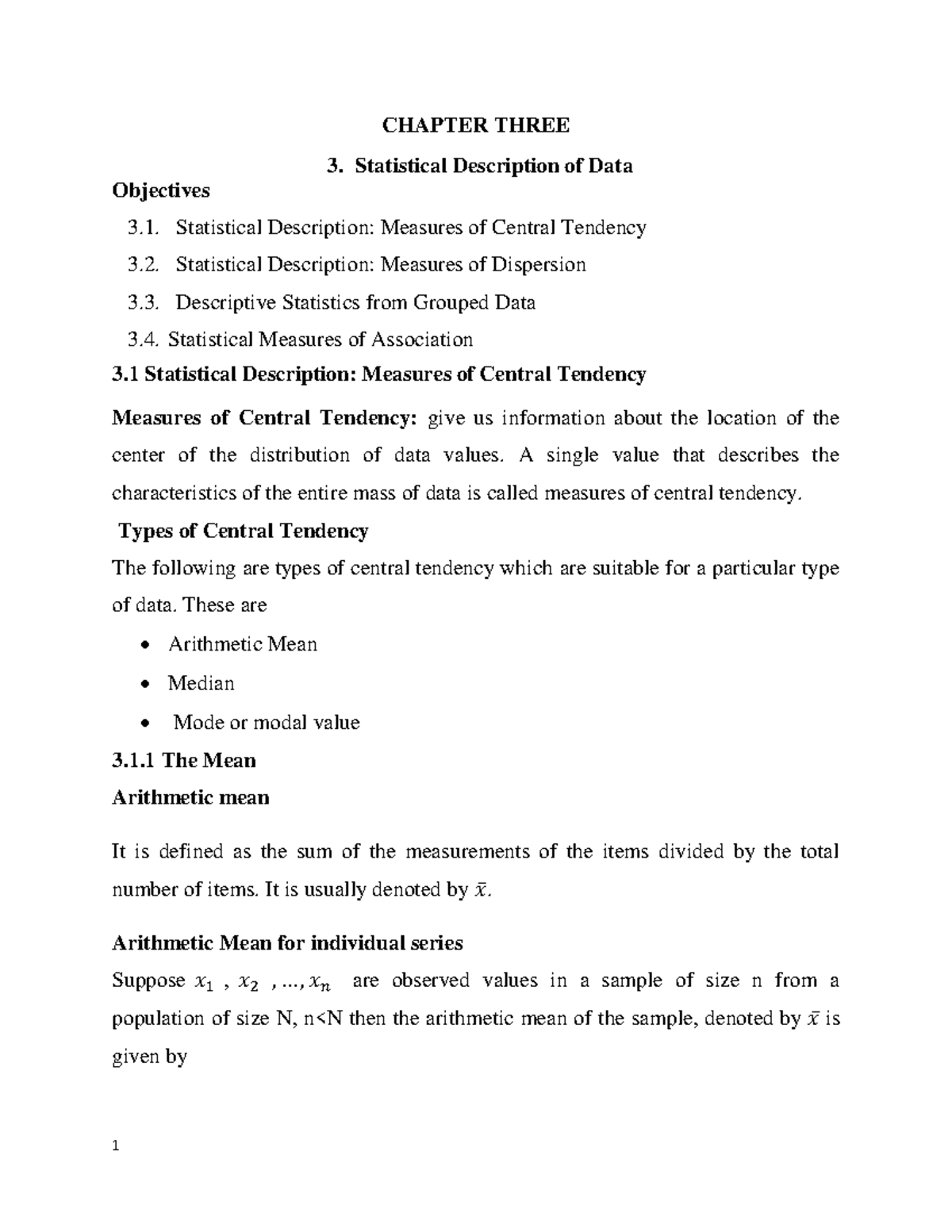 Basic Stastics chapter 3 - CHAPTER THREE Statistical Description of ...