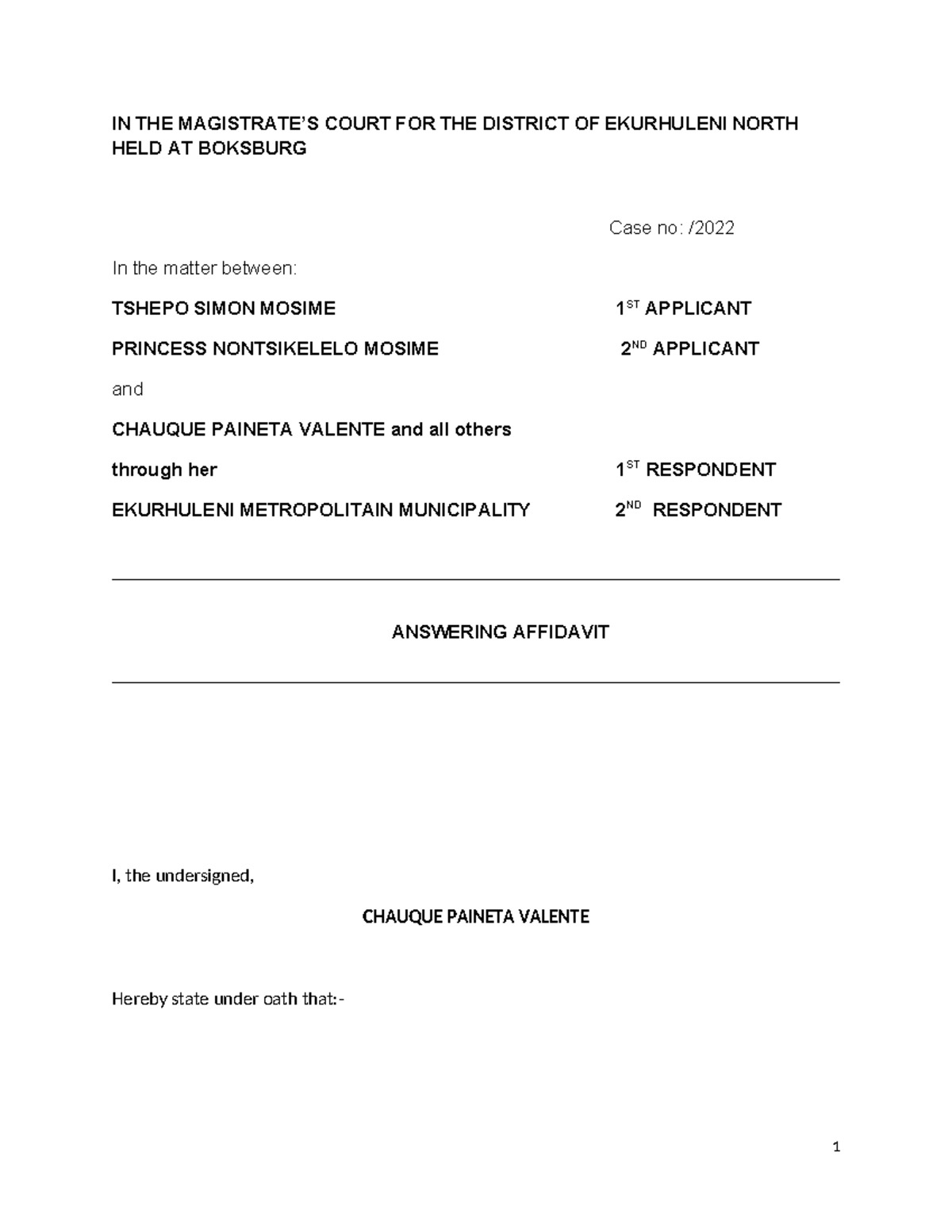 Answering affidavit paineta - IN THE MAGISTRATE’S COURT FOR THE ...