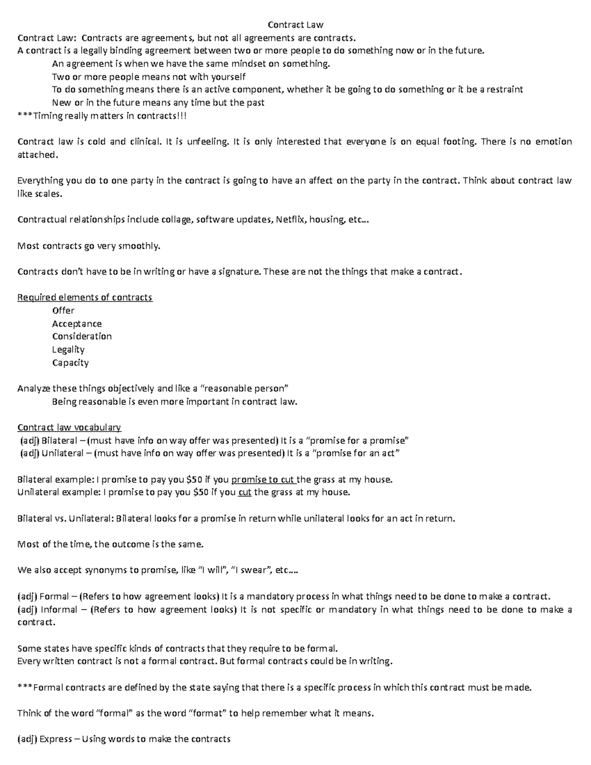 Bus Law Ex 3 - My notes for chapters 12 & 13 - Contract Law Contract ...