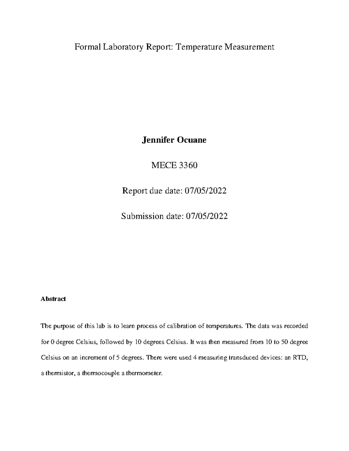 Formal Laboratory Report Temperature Measurements Final Version ...