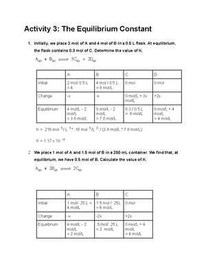 Chemical Equilibrium Equation Sheet - CHE 102: Chemical Equilibrium ...