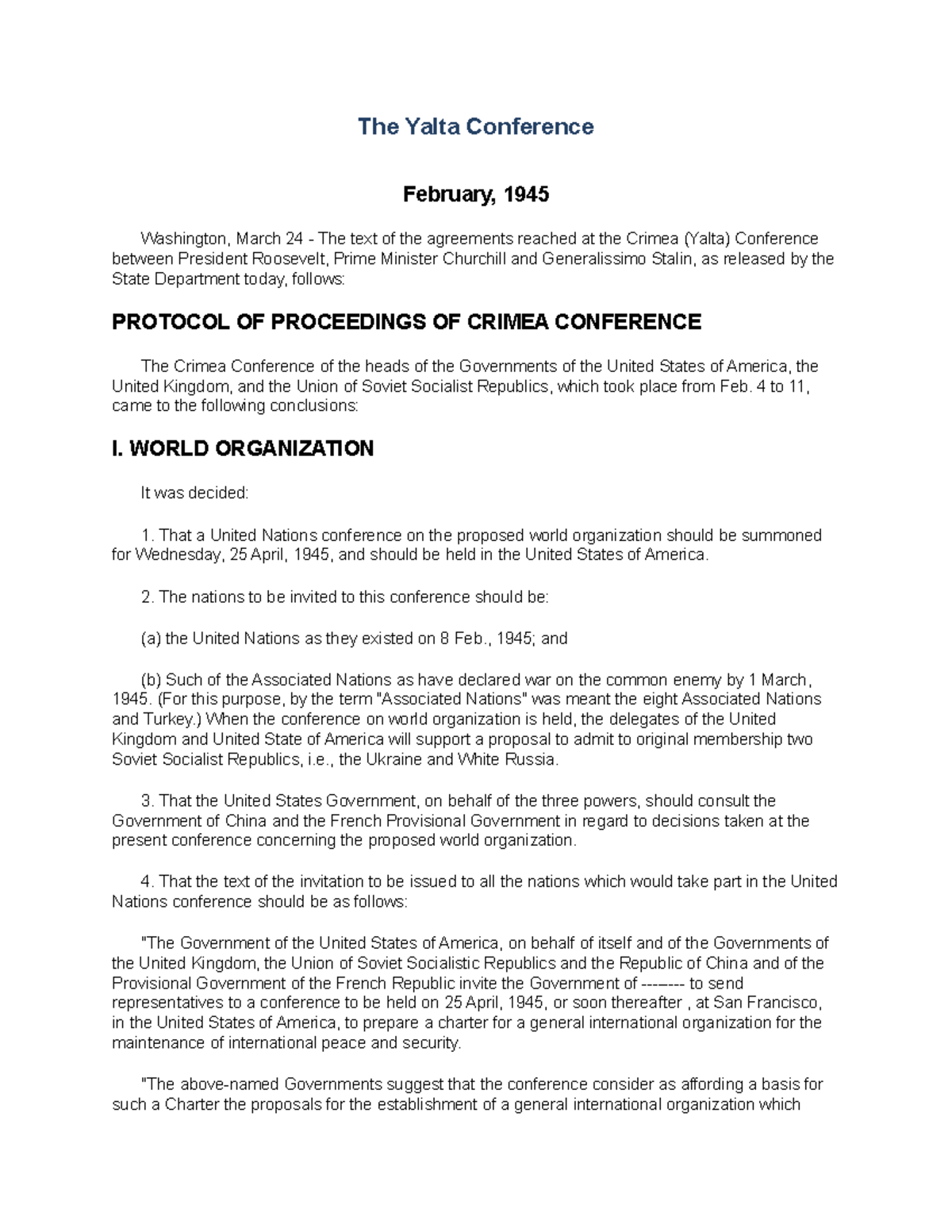 The Yalta Conference - Hensley's class - The Yalta Conference February ...