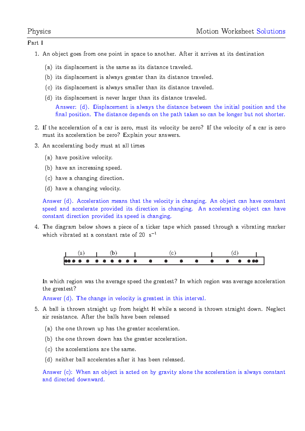 Week 01 Motion Worksheet Solutions - Physics Motion Worksheet Solutions ...