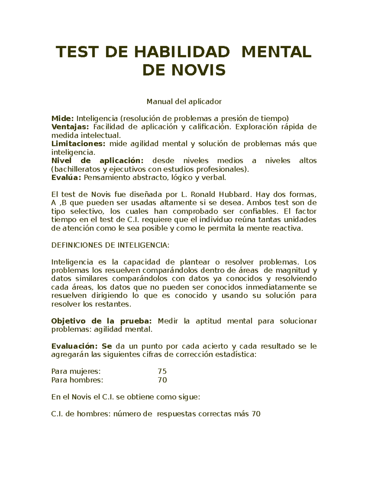 Test Novis Completo - TEST DE HABILIDAD MENTAL DE NOVIS Manual del ...