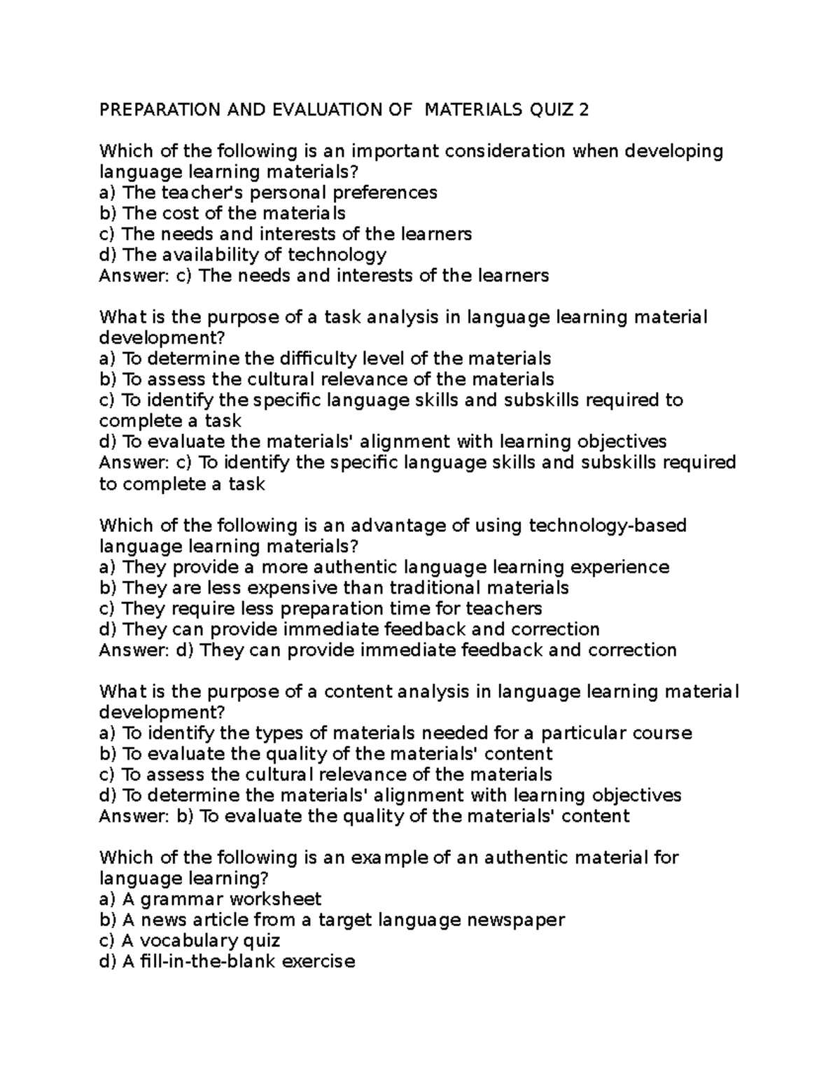 Preparation AND Evaluation OF Materials QUIZ 2 - PREPARATION AND ...