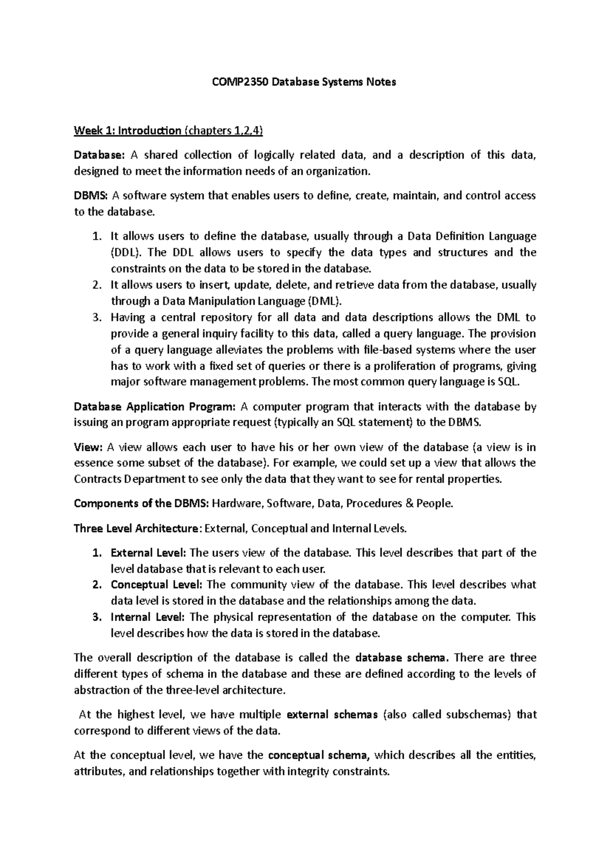 Database Systems notes - COMP2350 Database Systems Notes Week 1 ...