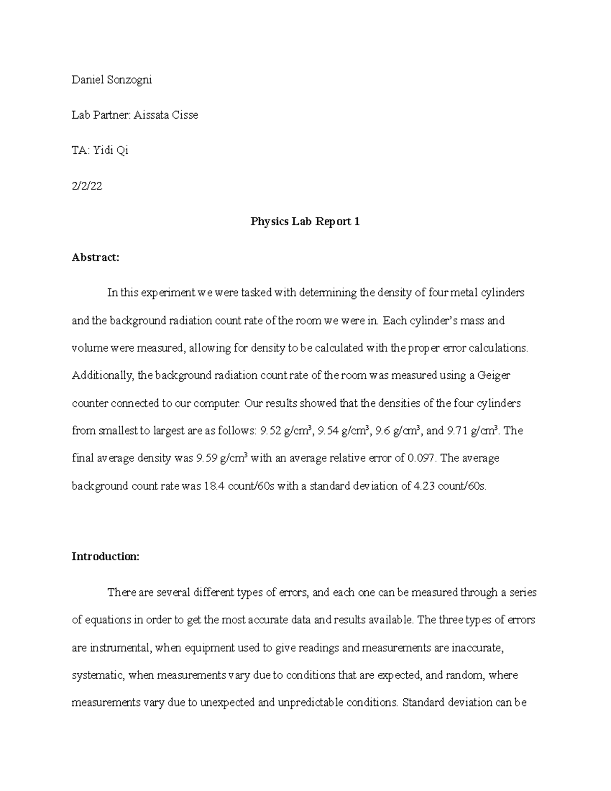 Physics Lab Report 1 Measurement - Daniel Sonzogni Lab Partner: Aissata ...