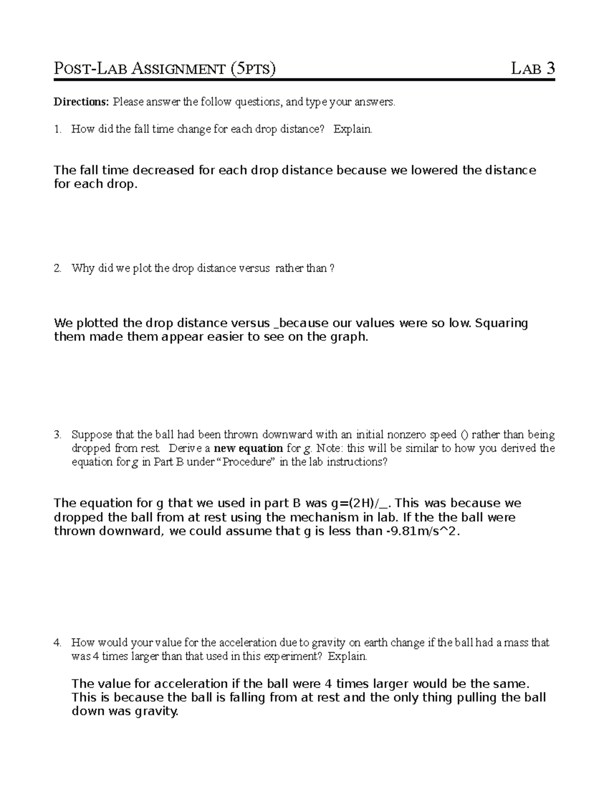 PLA - Lab 3 - Free Fall - lab 4 analysis - POST-LAB ASSIGNMENT (5PTS ...