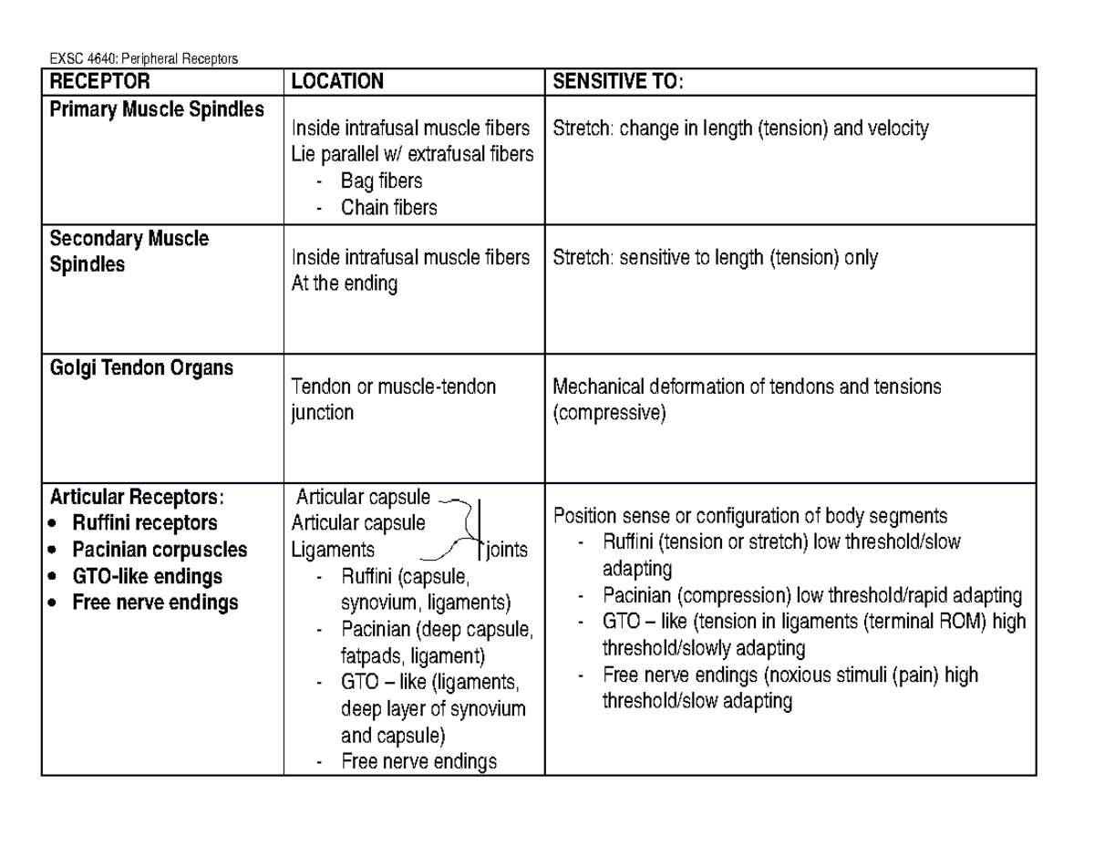 Peripheral Receptors worksheet blank - EXSC 4640: Peripheral Receptors ...