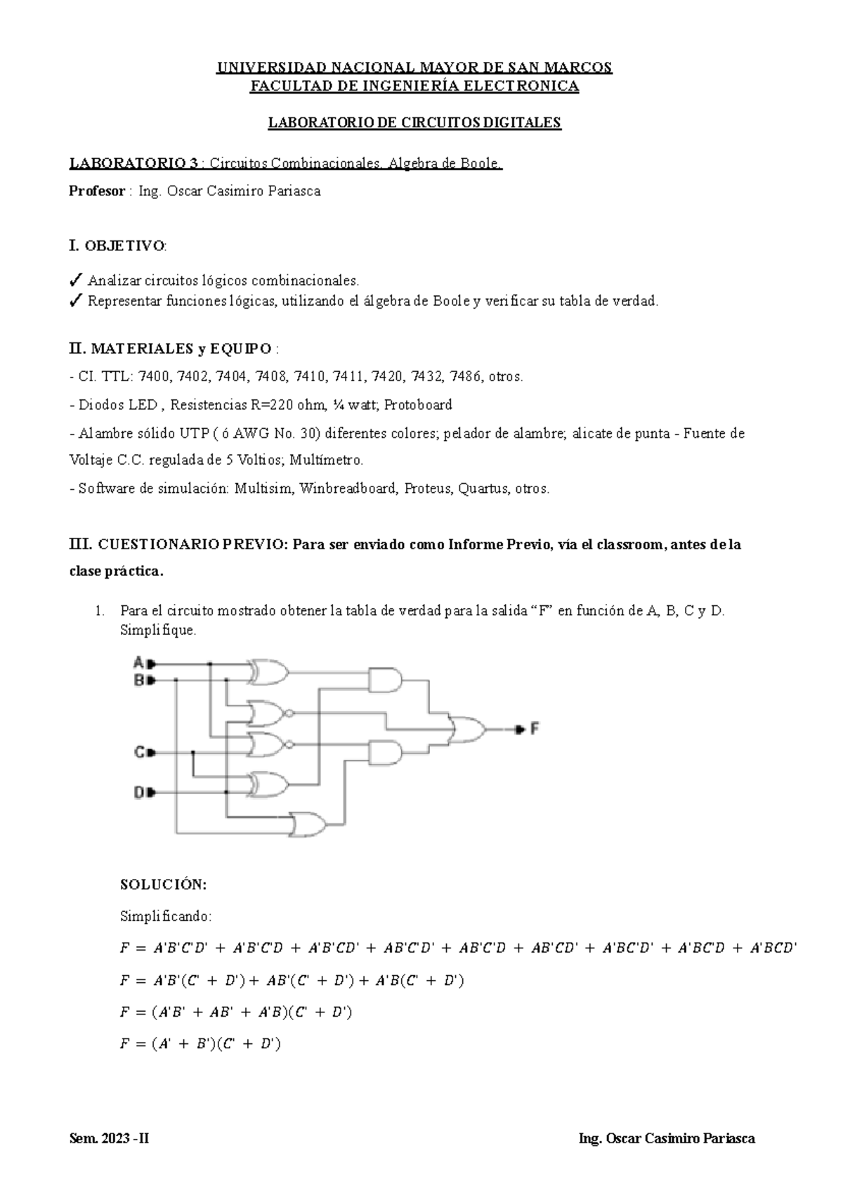 LAB 03 - Circuitos Combinacionales - Algebra de Boole - UNIVERSIDAD NACIONAL MAYOR DE SAN MARCOS ...