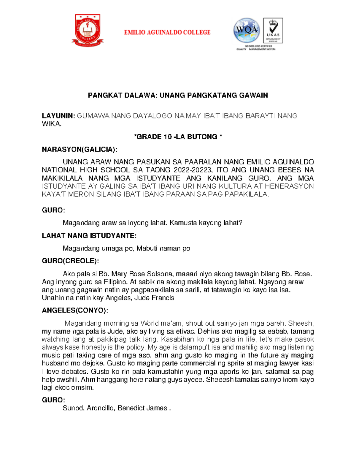 4.) Pangkatang Gawain (Dayalogo - Barayti ng Wika) - PANGKAT DALAWA ...