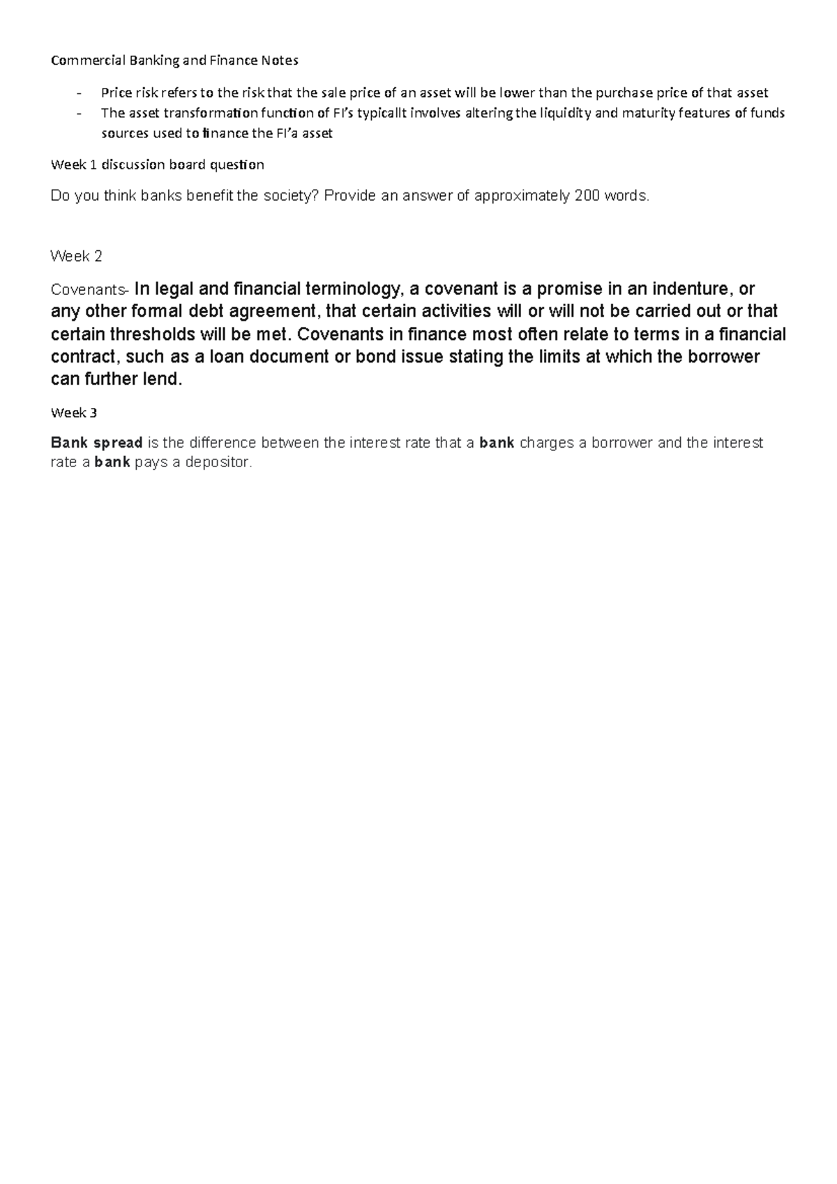 Commercial Banking and Finance Notes - Week 2 Covenants- In legal and ...