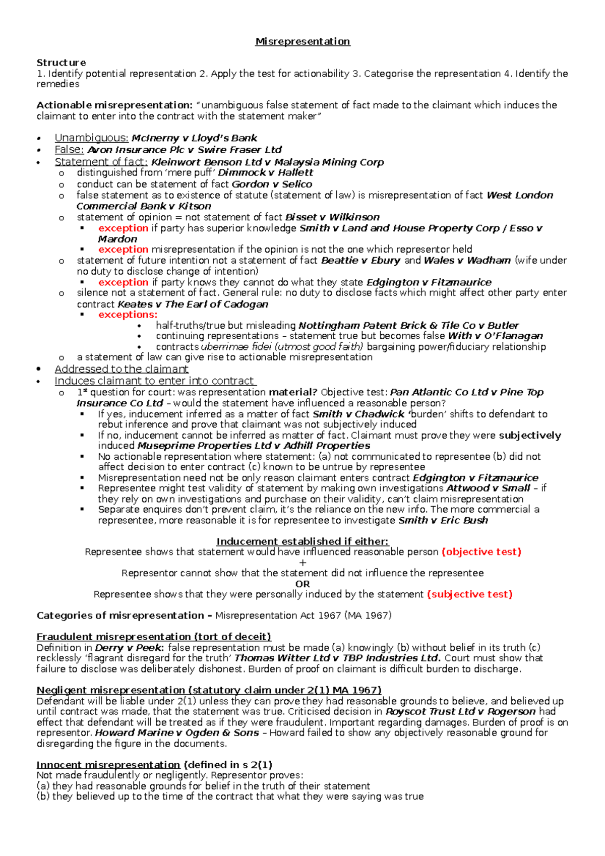 Misrepresentation notes: Structure 1. Identify potential representation ...
