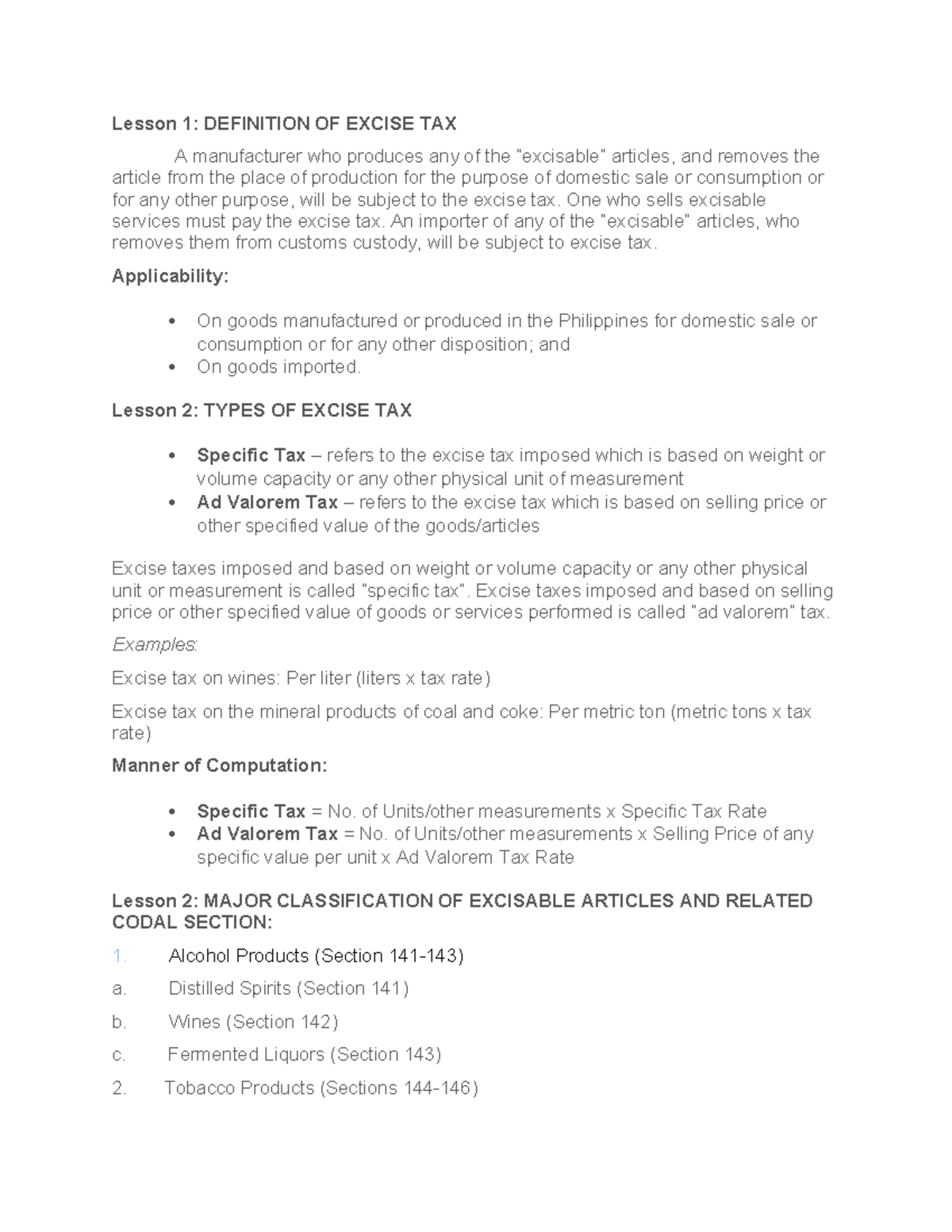 Excisetax - notes for study - Lesson 1: DEFINITION OF EXCISE TAX A ...