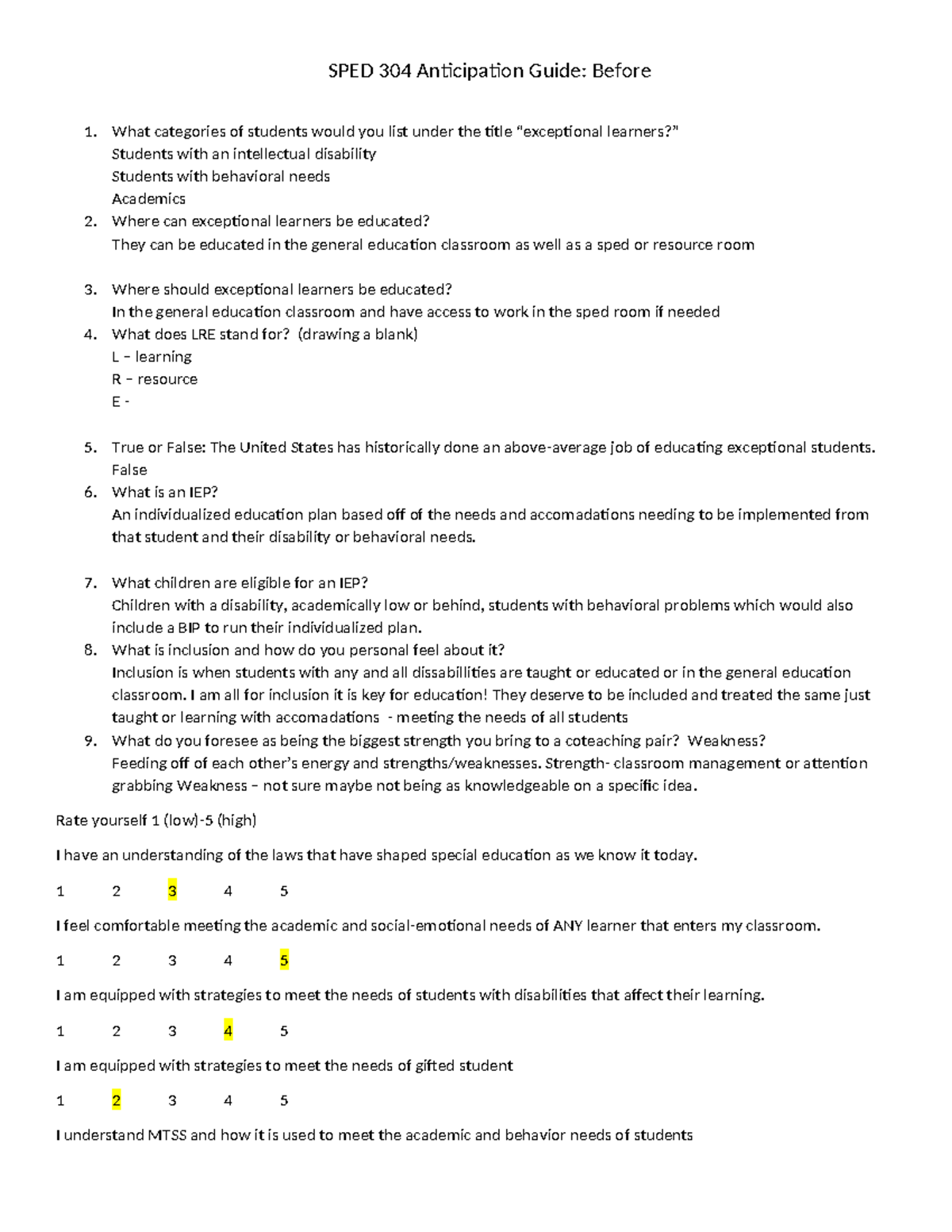 Anticipation Guide Sp Ed - SPED 304 Anticipation Guide: Before 1. What ...