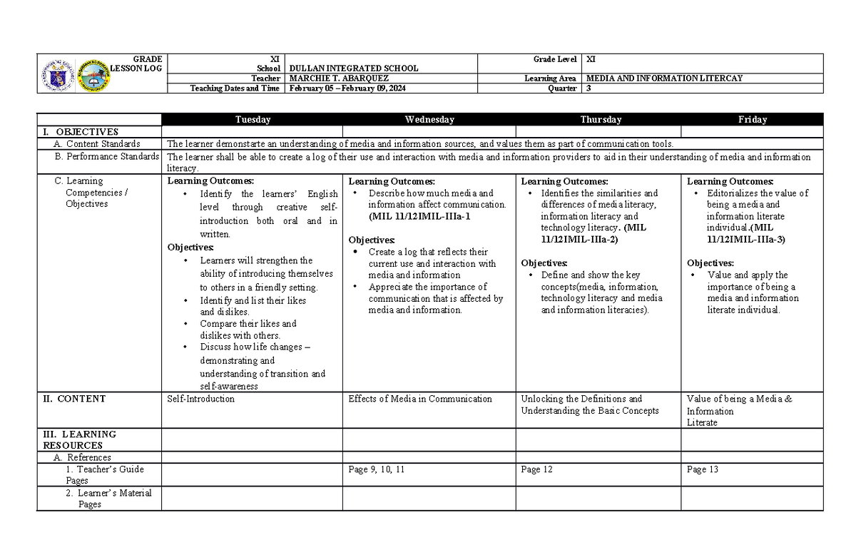 DLL Media and Information Litercay Week 1 - GRADE DAILY LESSON LOG XI ...