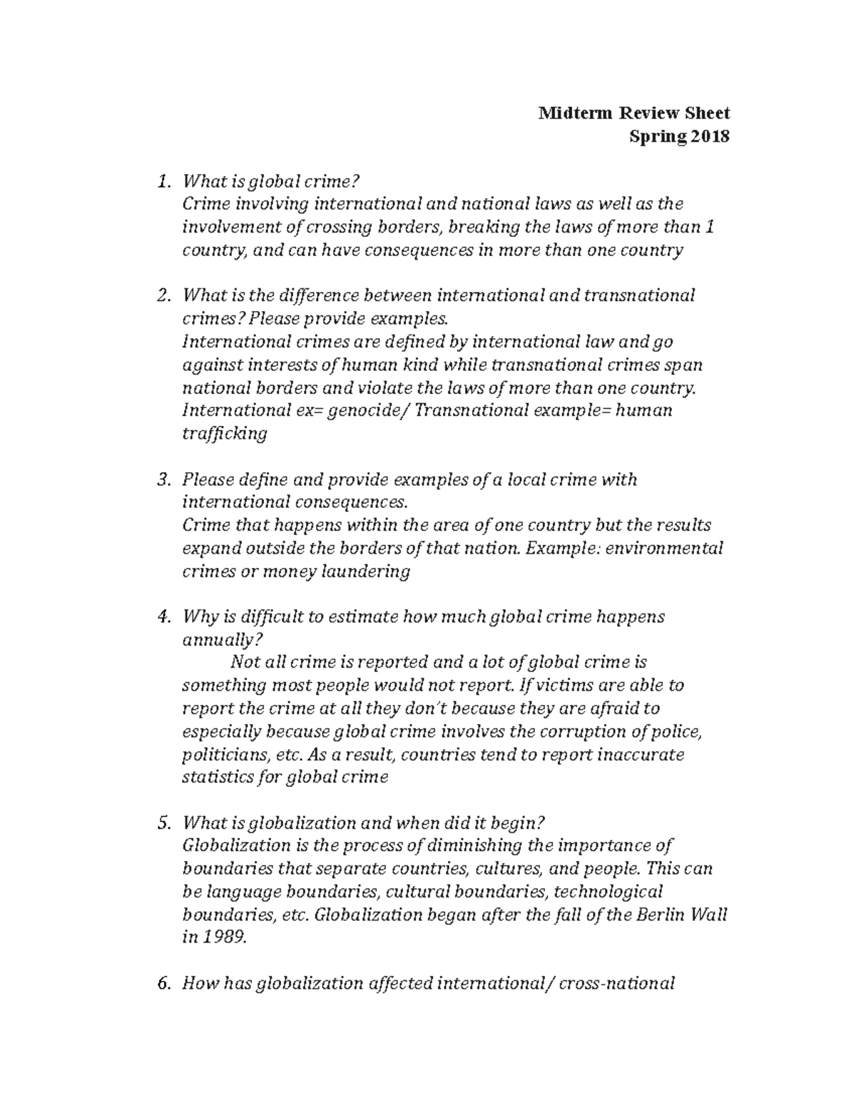 Midterm questions - Midterm Review Sheet Spring 2018 What is global ...