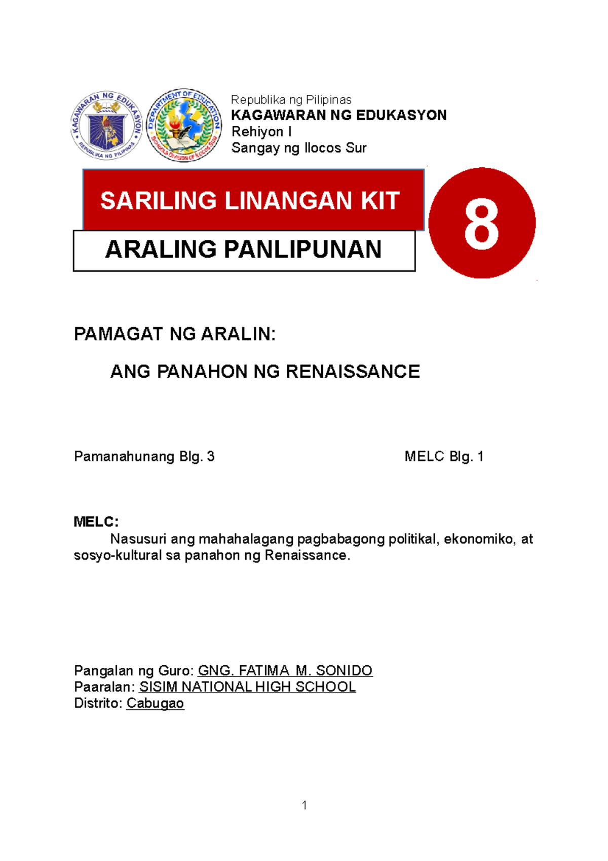 AP8 SLK Q3 wk1 - AP SLK - PAMAGAT NG ARALIN: ANG PANAHON NG RENAISSANCE Pamanahunang Blg. 3 MELC ...